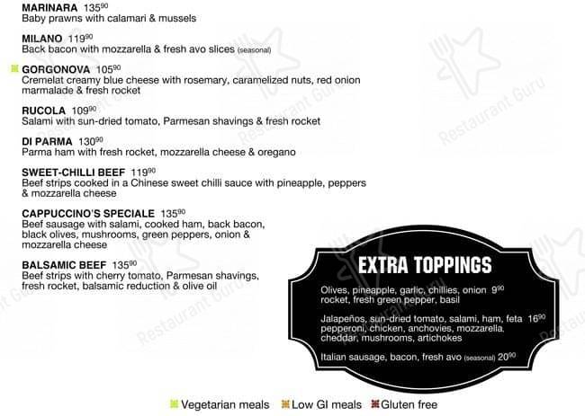 Menu at Cappuccino's CAFE & PIZZERIA, Brakpan