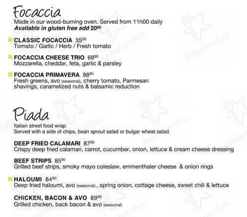Menu at Cappuccino's CAFE & PIZZERIA, Brakpan