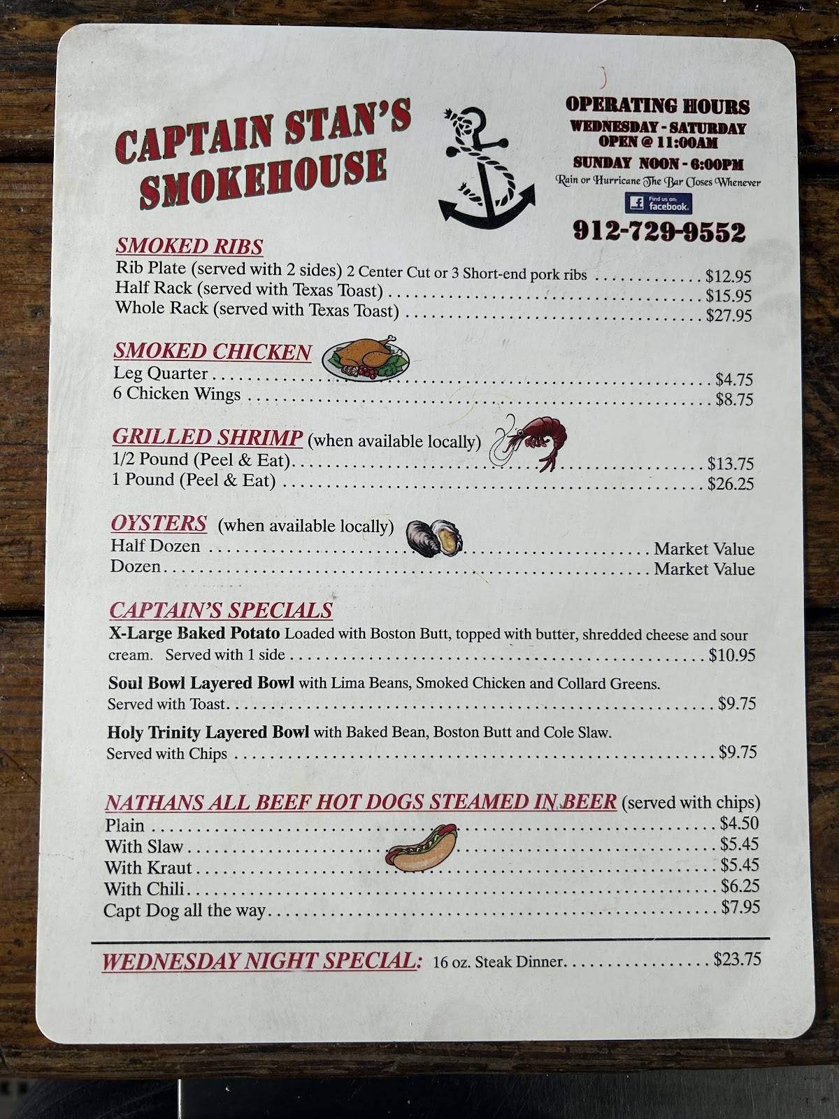 Menu at Captain Stan's Smokehouse restaurant, Woodbine