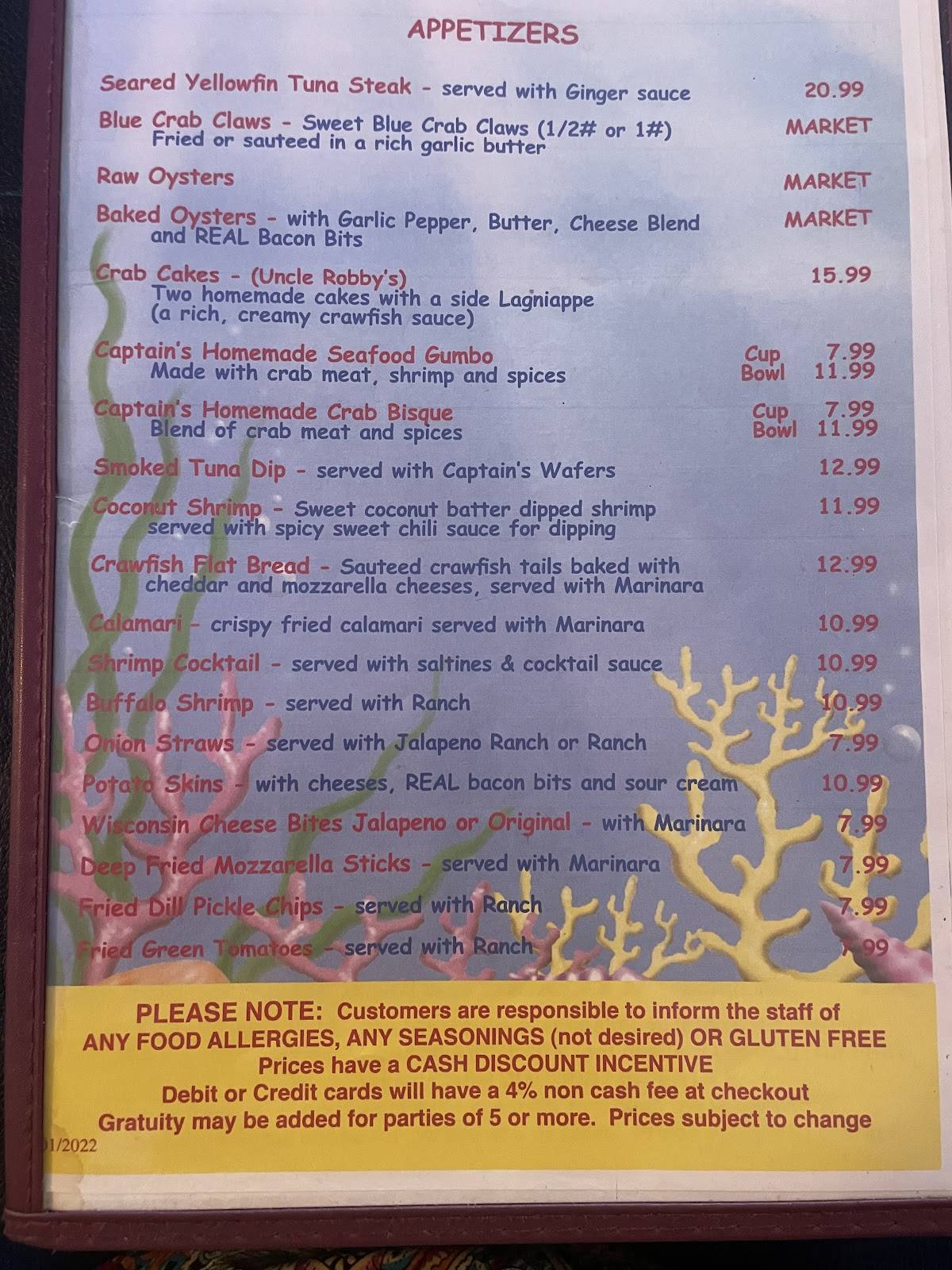 Menu at Capt'n Snapper's restaurant, Dauphin Island