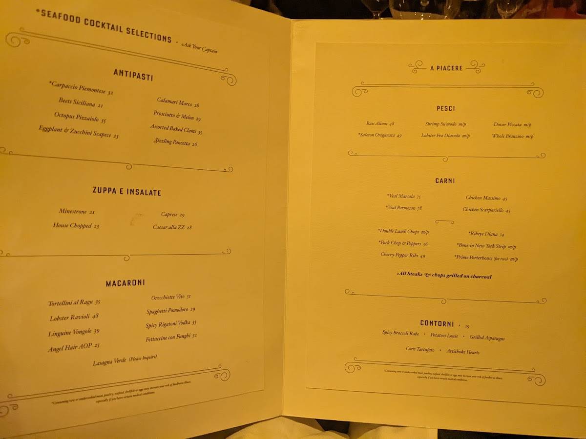 Menu at Carbone restaurant, Las Vegas, 3730 Las Vegas Fwy