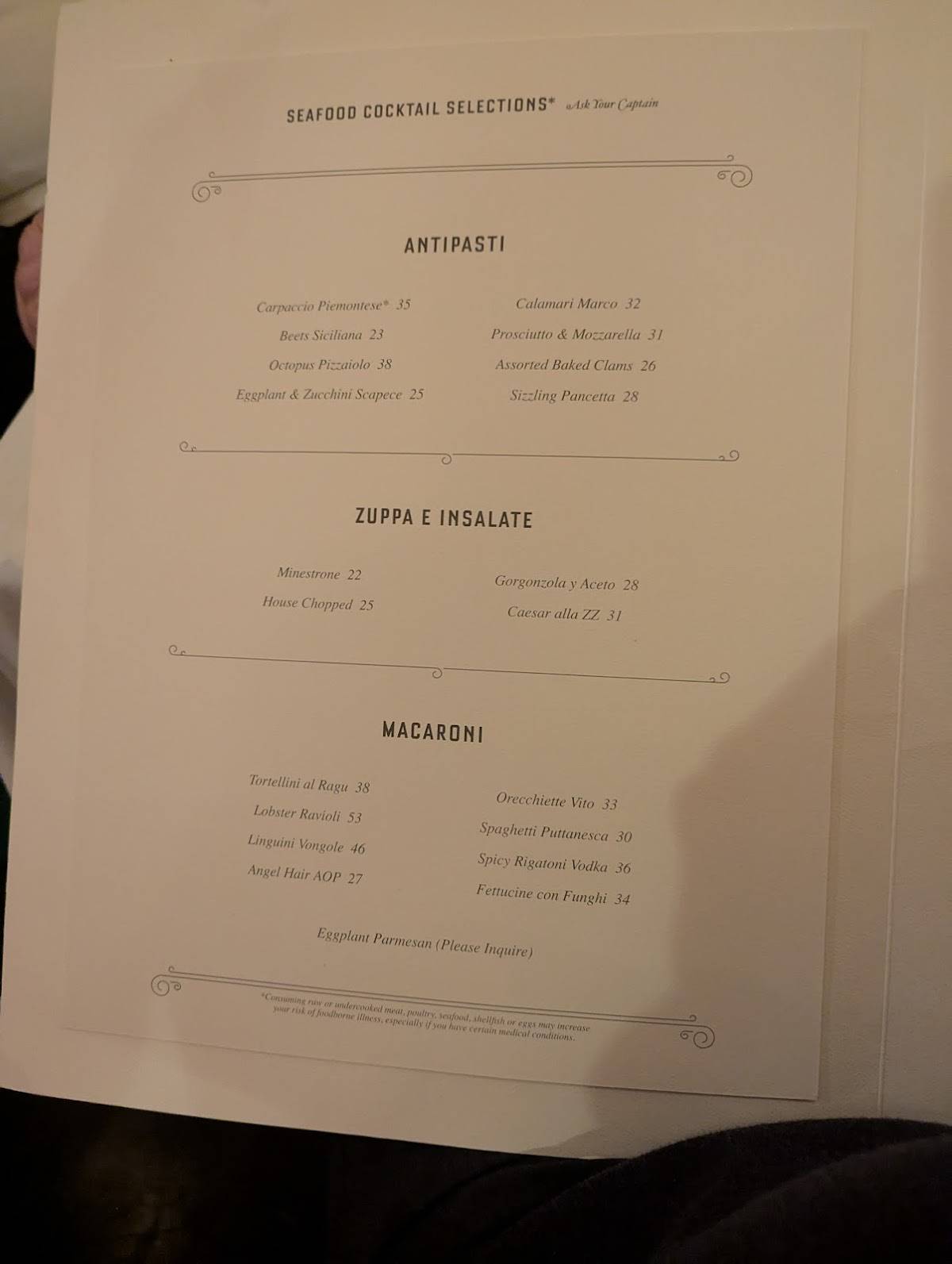Menu at Carbone restaurant, Las Vegas, 3730 Las Vegas Fwy