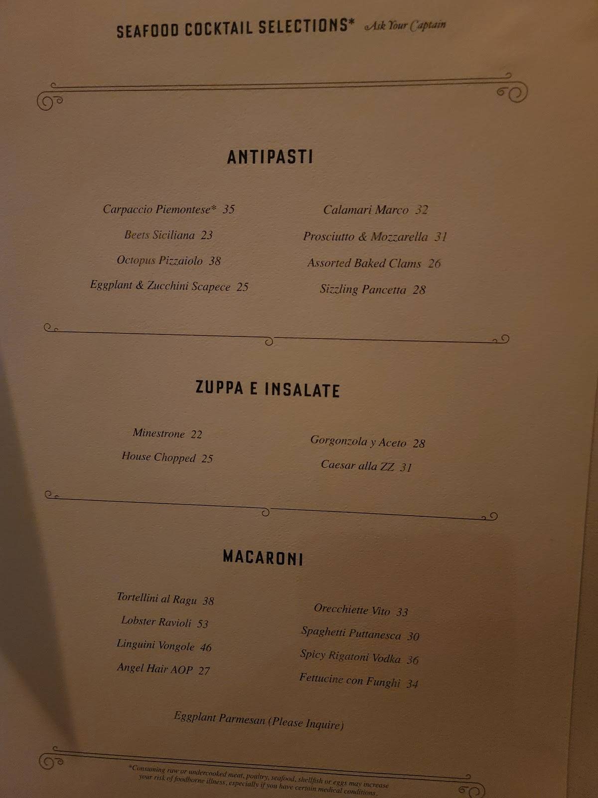 Menu at Carbone restaurant, Las Vegas, 3730 Las Vegas Fwy
