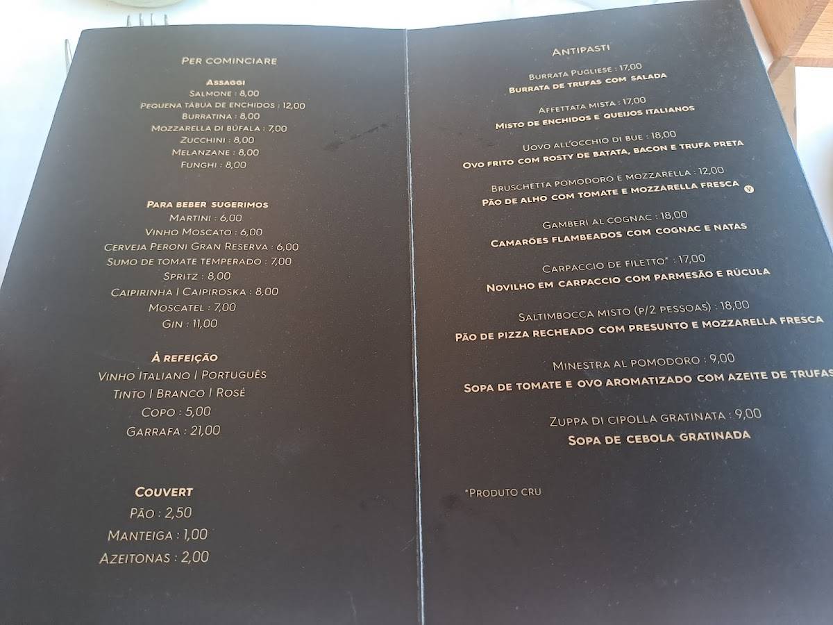Menu at Pátio Antico restaurant, Oeiras