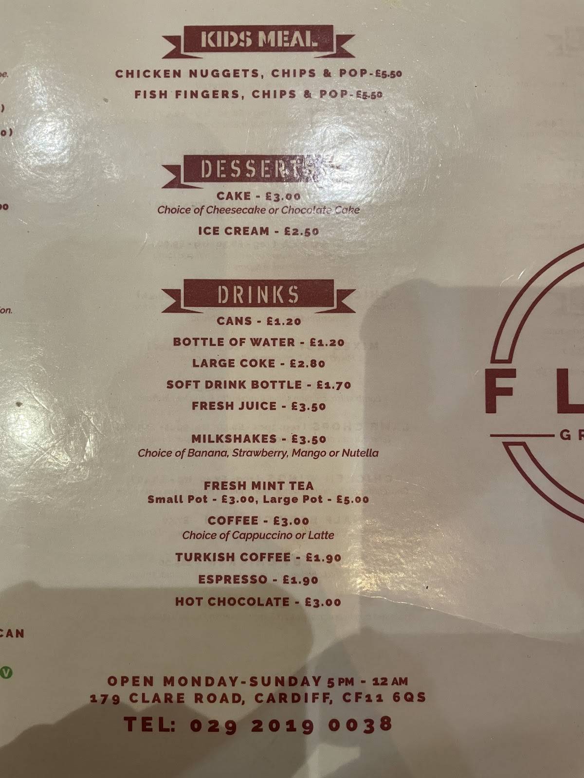 Menu at Flame Grill House restaurant, Cardiff