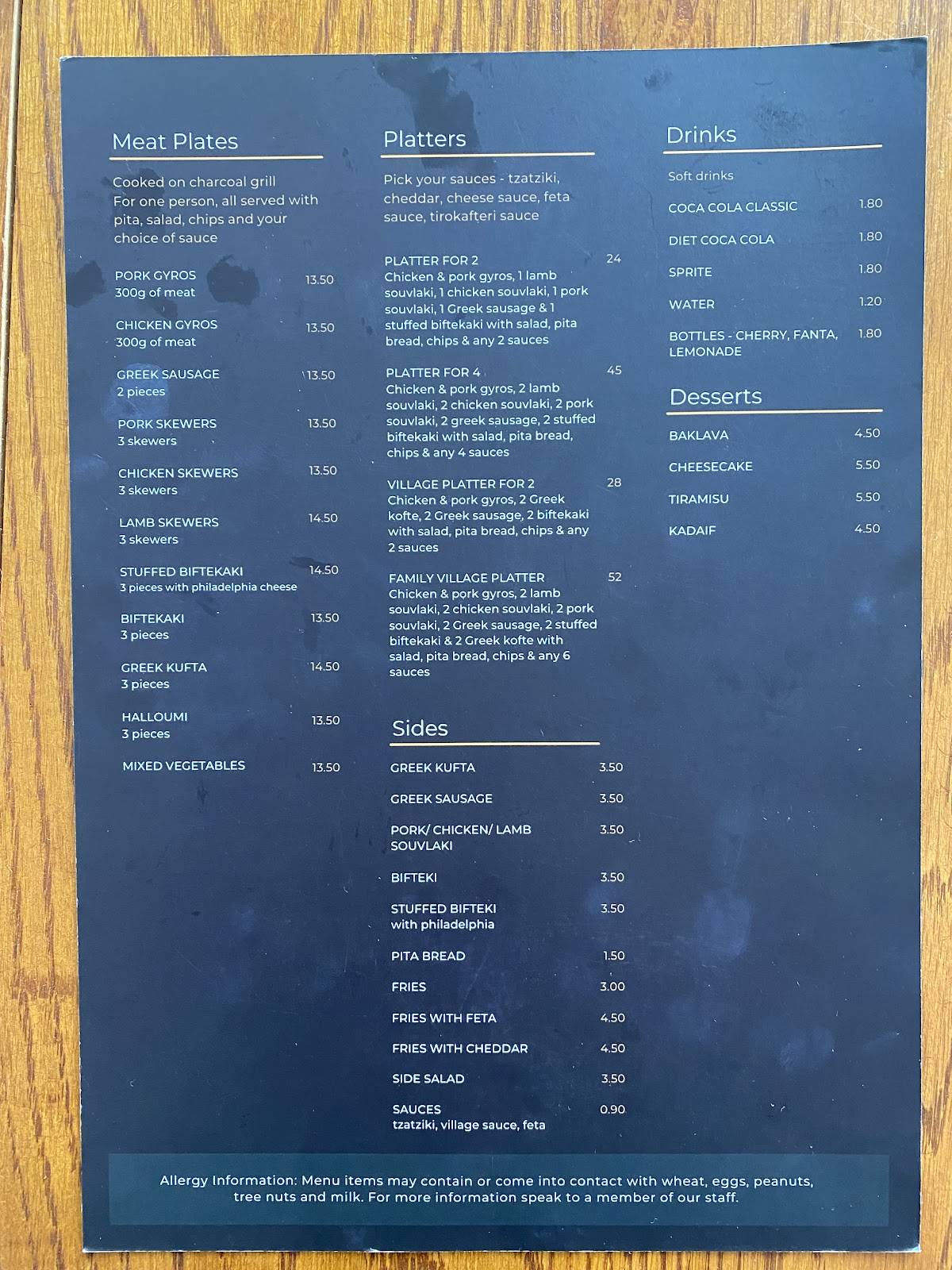 Menu at Greek Village restaurant, Cardiff, 110 Caerphilly Rd