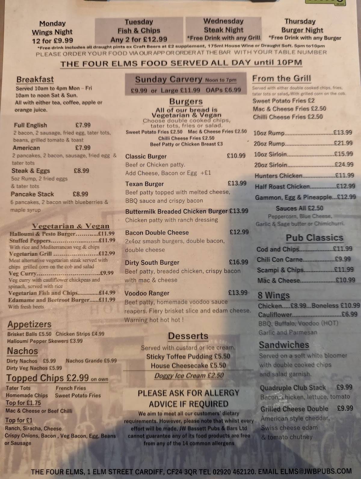 Menu at The Four Elms - JW Bassett Pub, Cardiff