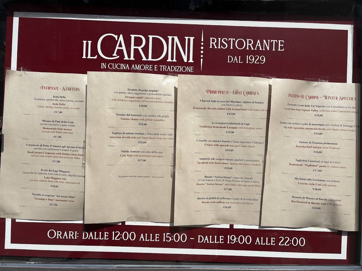 Menu at Cardini restaurant, Stresa
