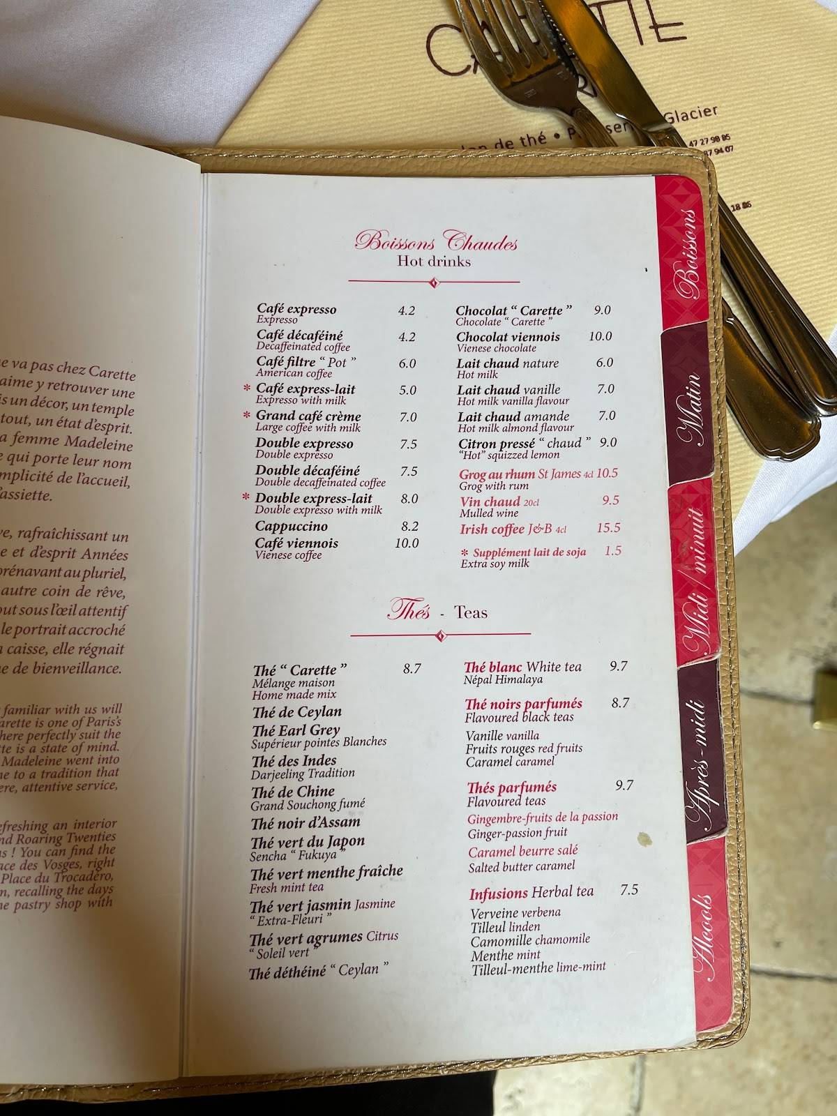 Menu at Carette pub & bar, Paris, 25 Pl. des Vosges