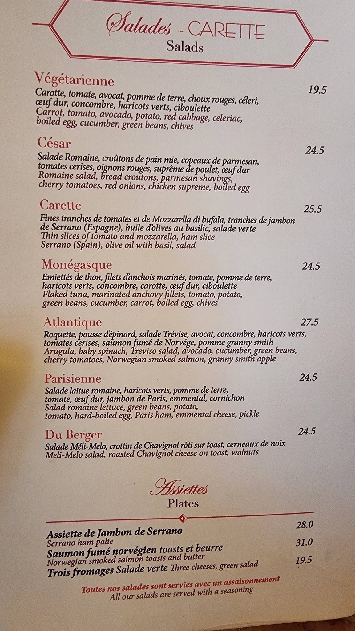 Menu at Carette pub & bar, Paris, 25 Pl. des Vosges