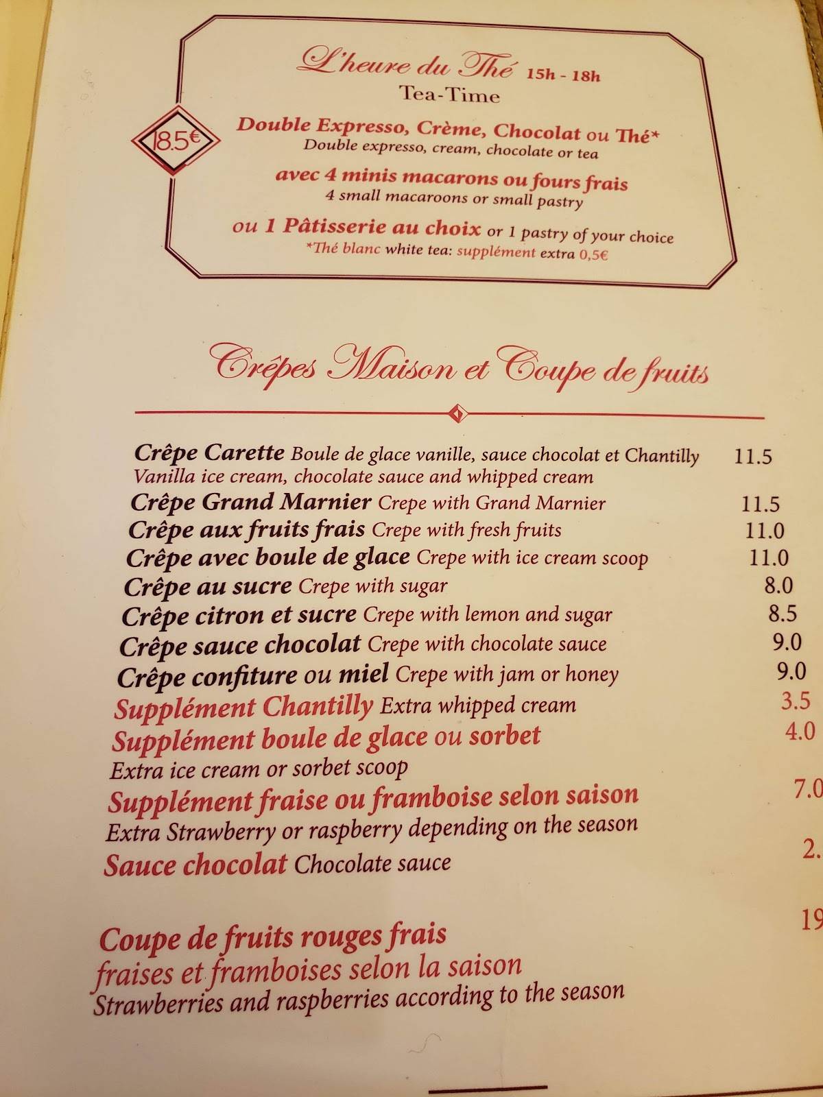 Menu at Carette pub & bar, Paris, 25 Pl. des Vosges