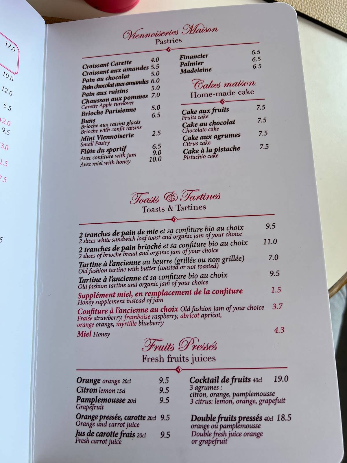 Menu at Carette pub & bar, Paris, 25 Pl. des Vosges