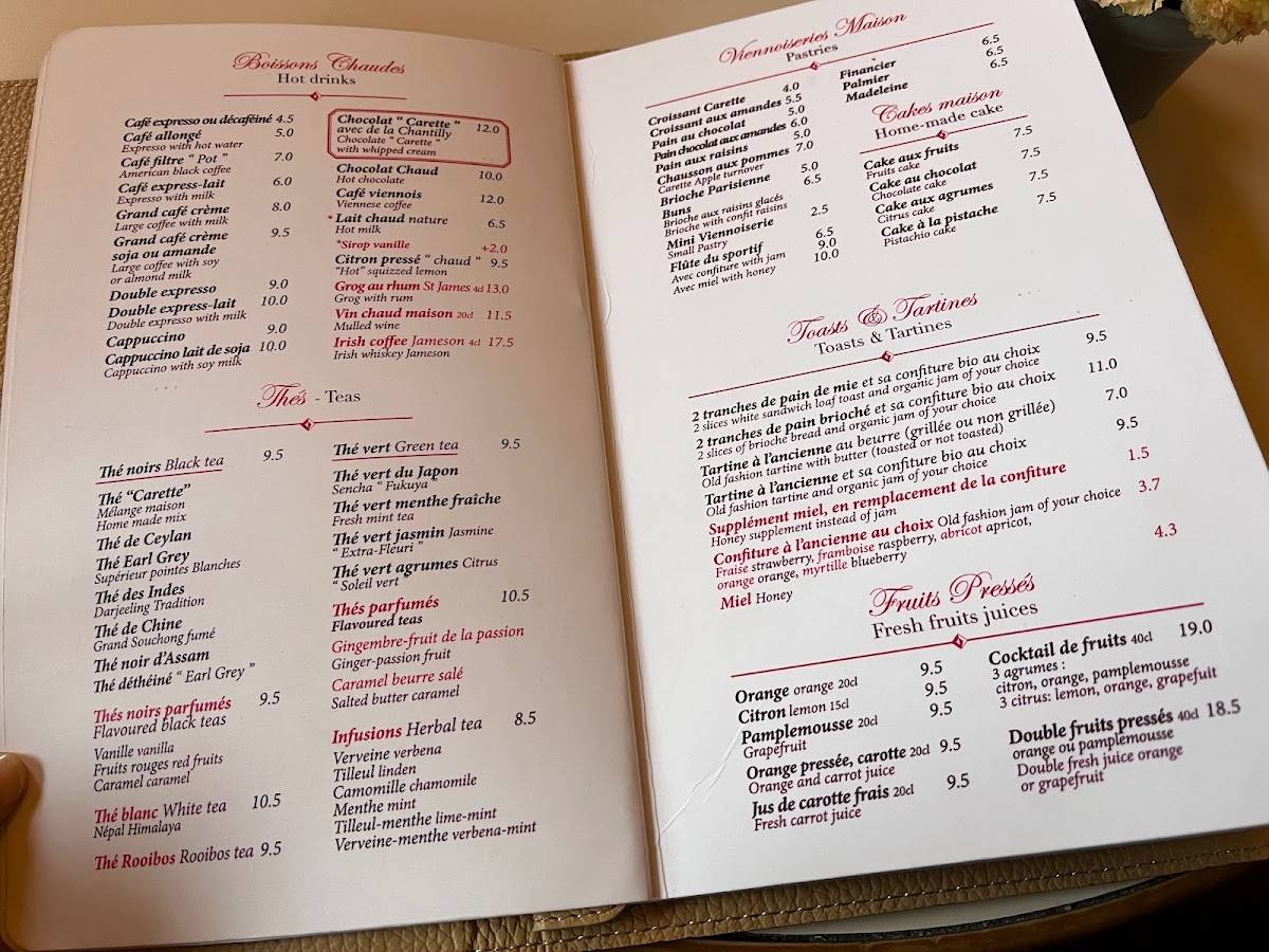 Menu at Carette pub & bar, Paris, 25 Pl. des Vosges