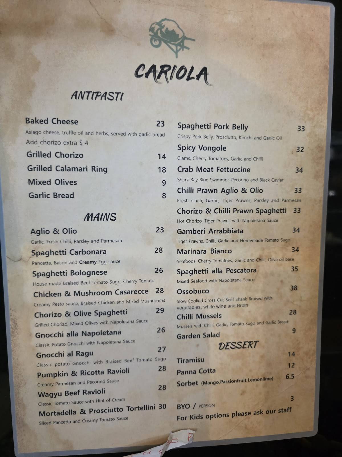 Menu at Cariola restaurant, North Perth