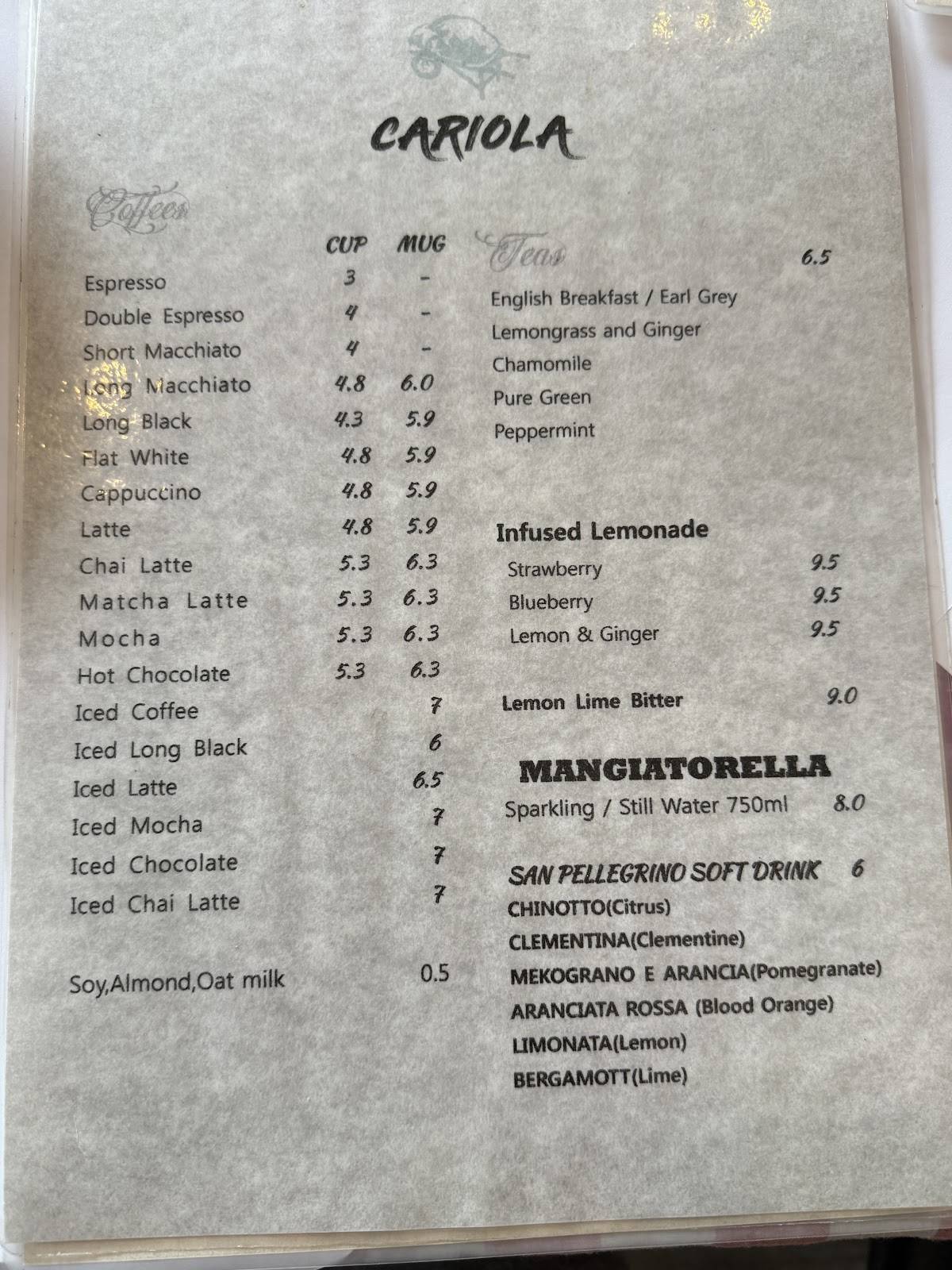 Menu at Cariola restaurant, North Perth