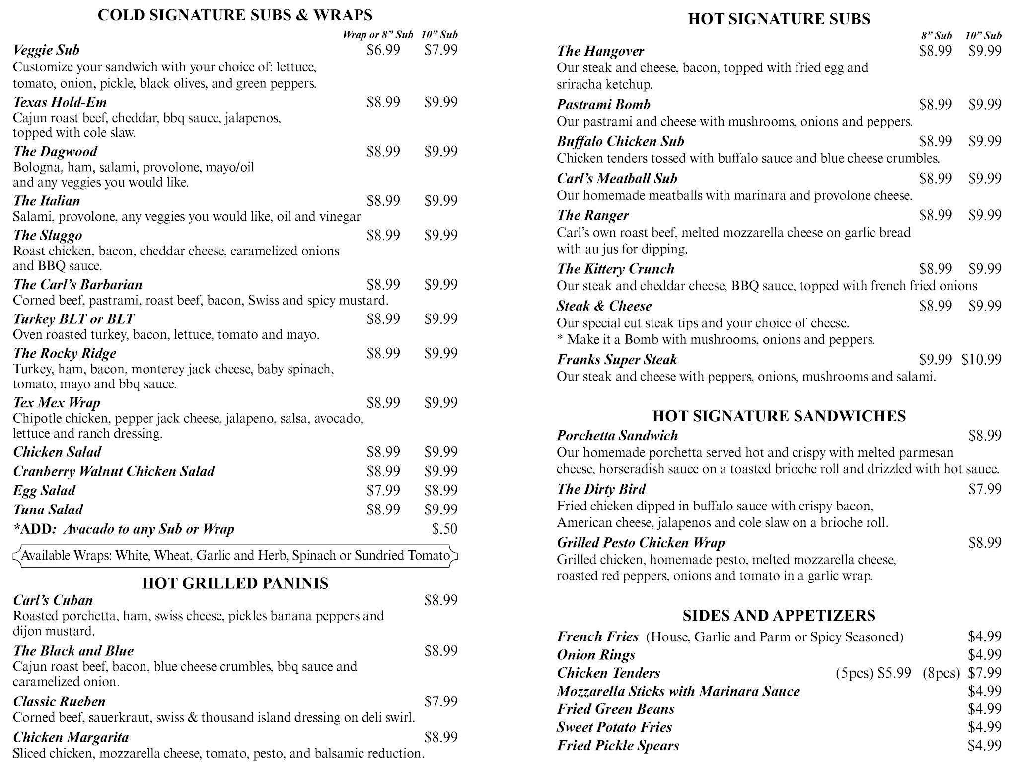 Menu at Carl's Meat Market restaurant, Kittery