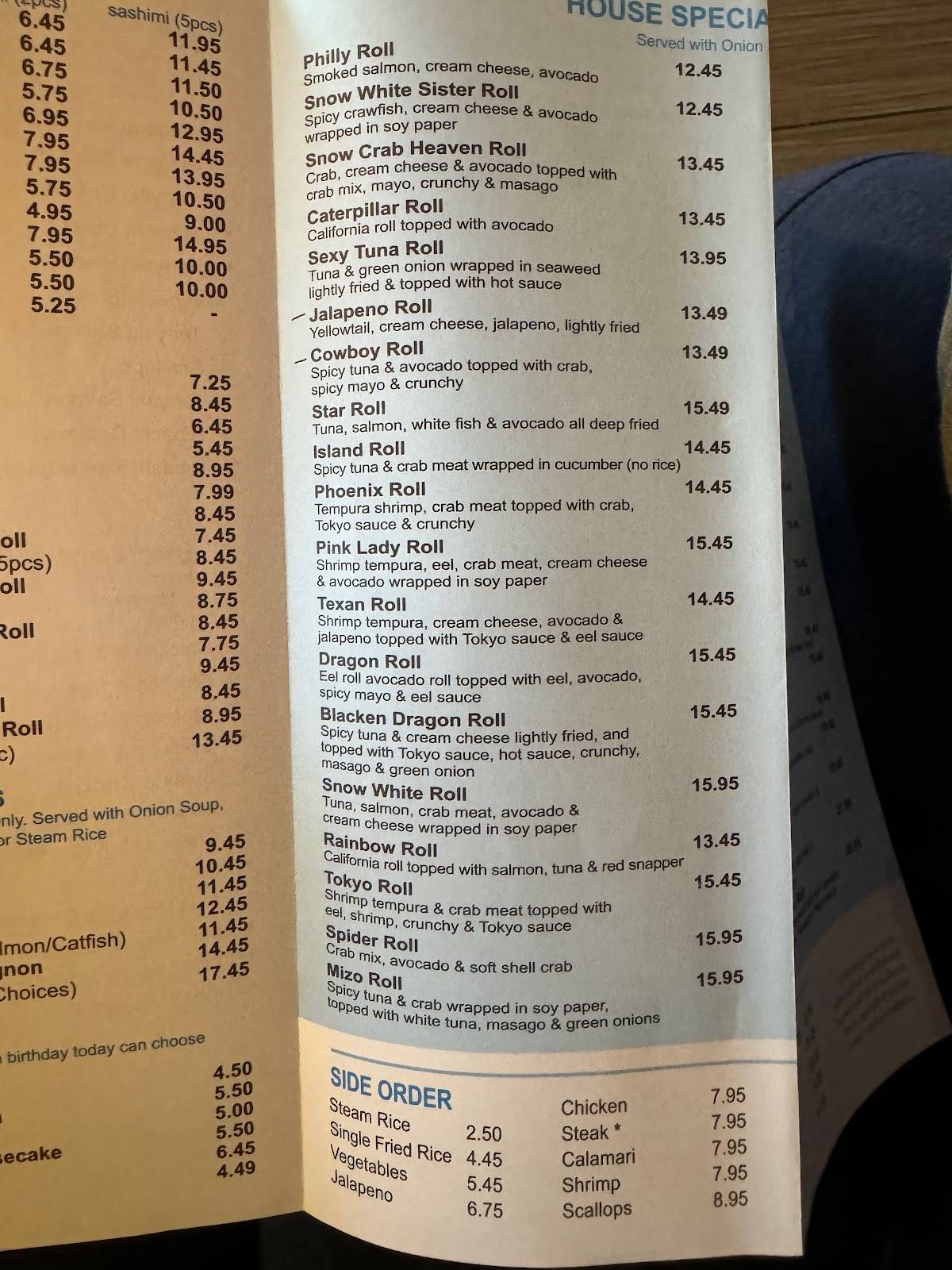 Menu at Tokyo restaurant, Carlsbad