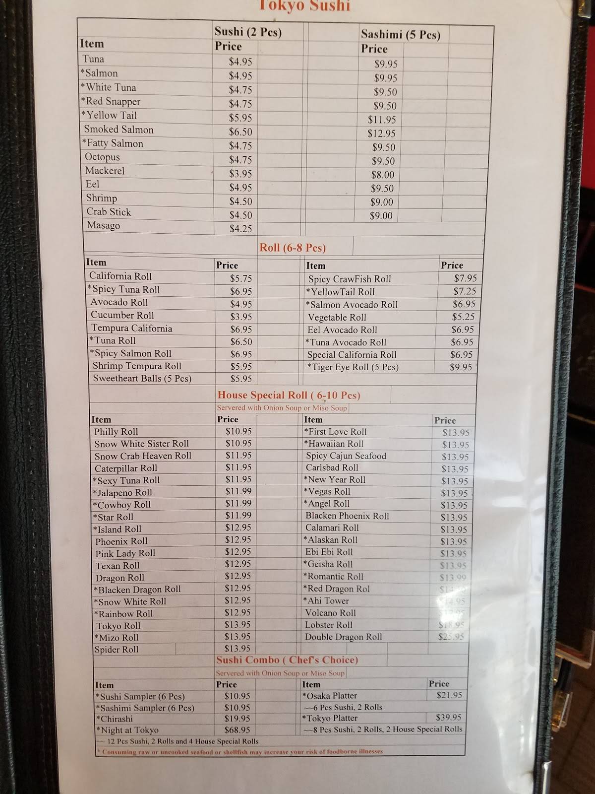 Menu at Tokyo restaurant, Carlsbad