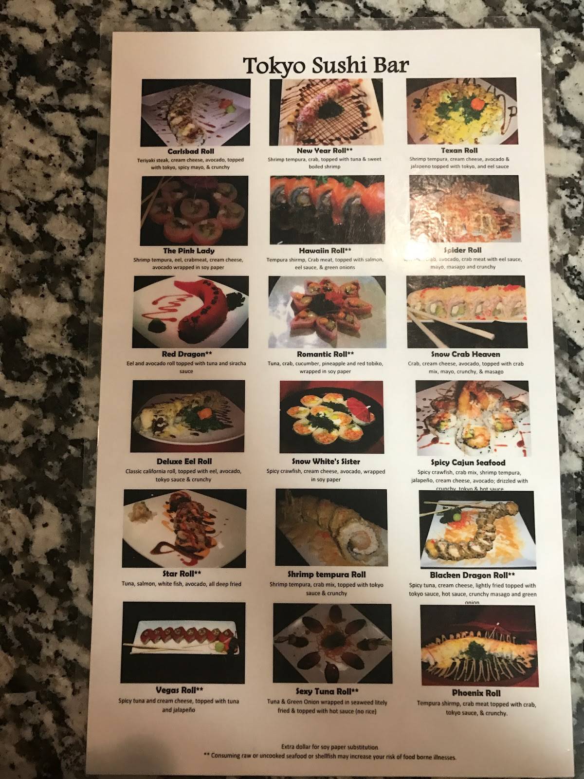 Menu at Tokyo restaurant, Carlsbad
