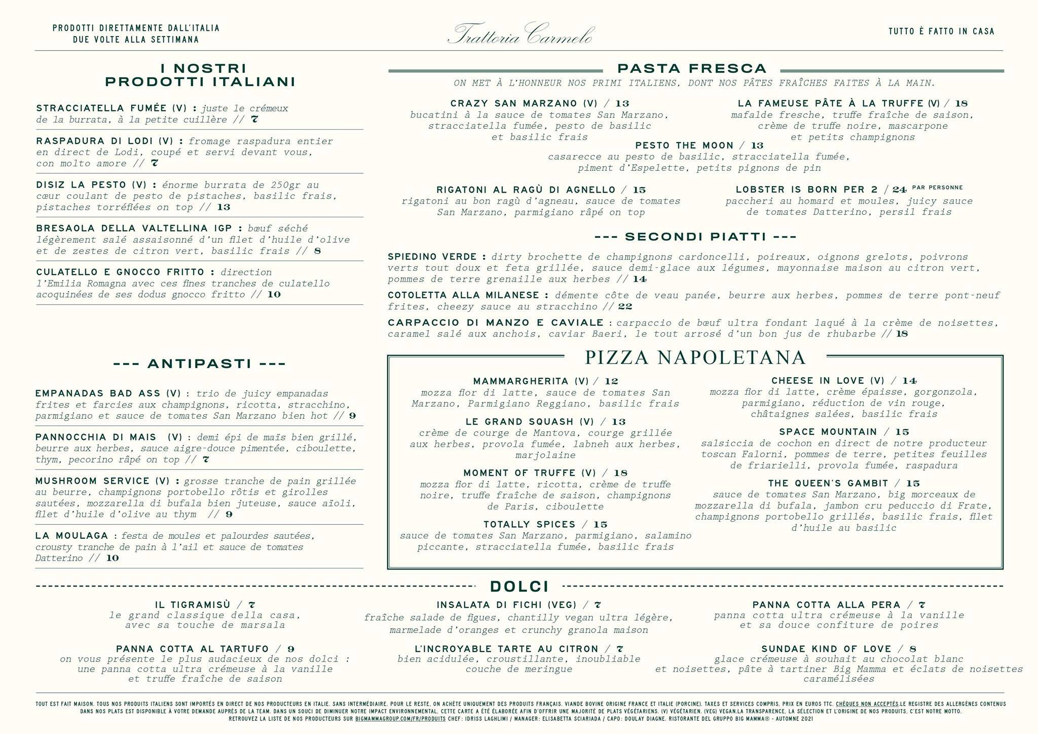 Menu au Carmelo restaurant, Lyon