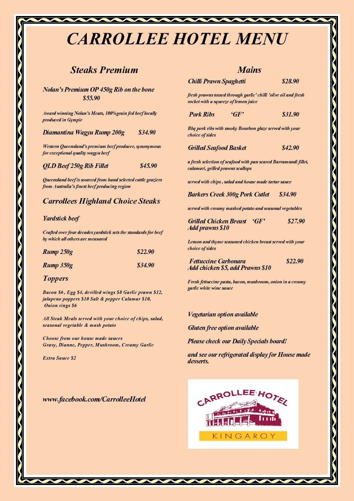Menu at Carrollee Hotel pub & bar, Kingaroy, Haly street