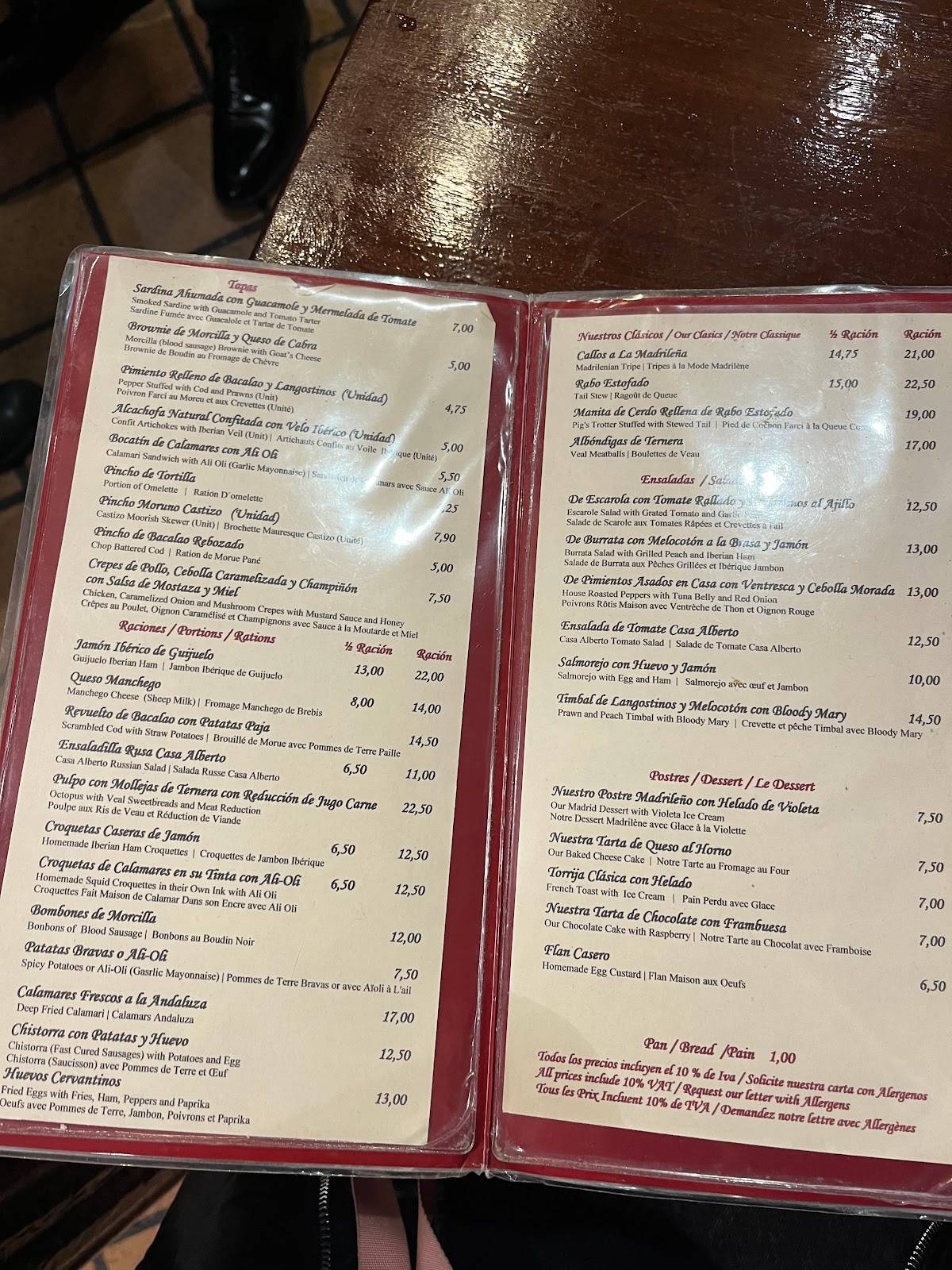 Carta del restaurante Casa Alberto, Madrid, Calle del Las Huertas