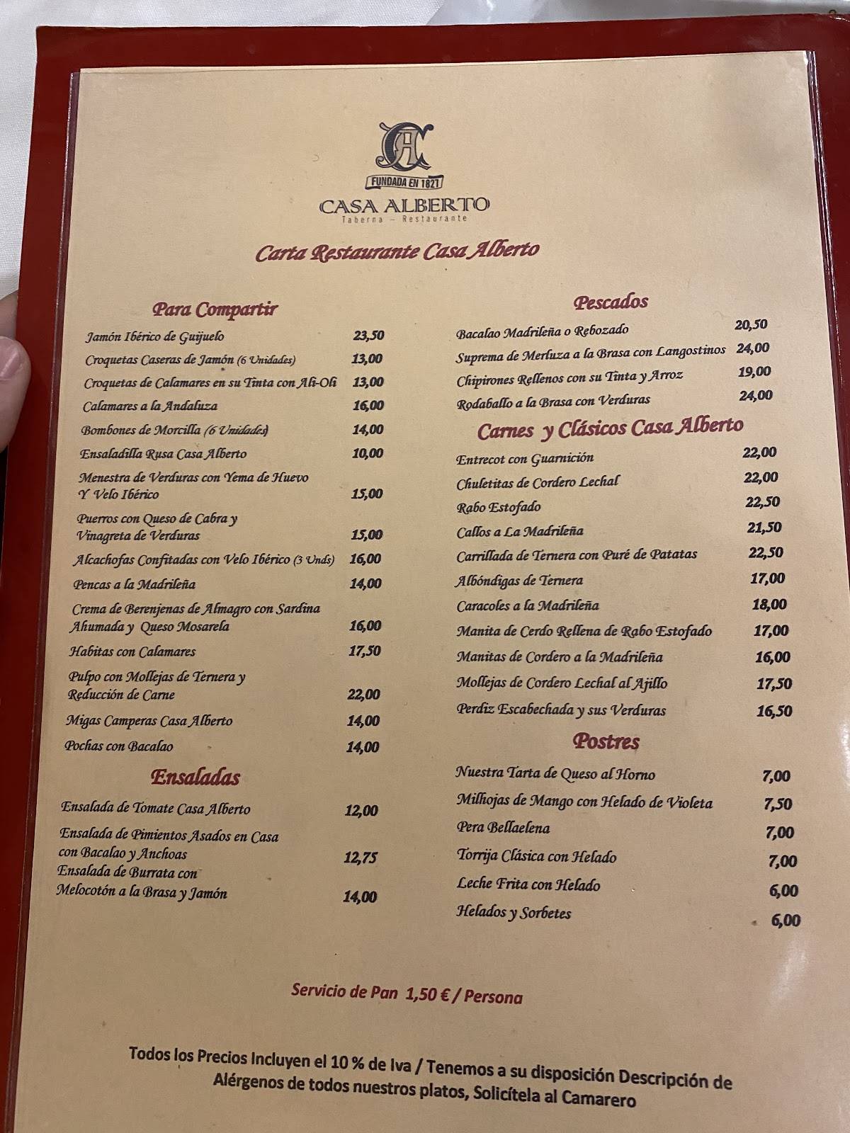 Carta del restaurante Casa Alberto, Madrid, C. del las Huertas