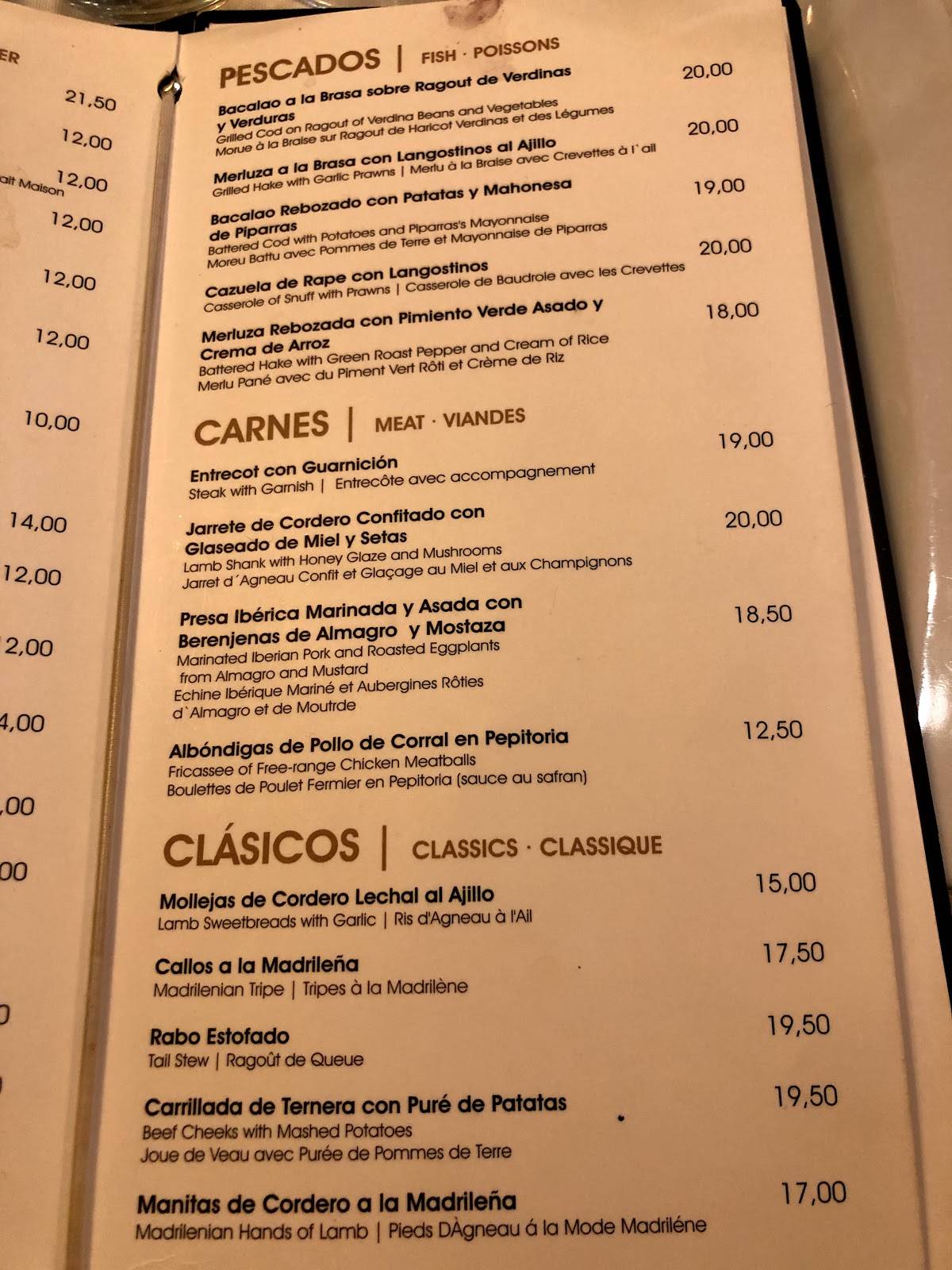 Carta del restaurante Casa Alberto, Madrid, Calle del Las Huertas