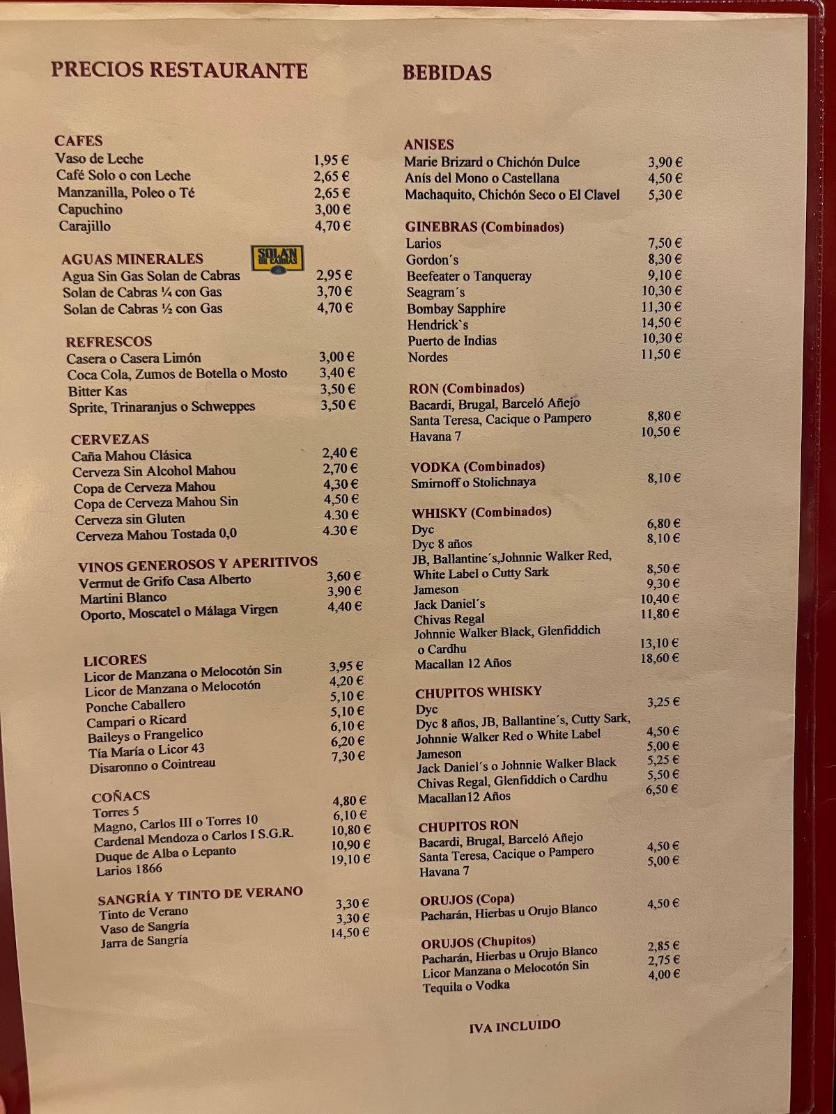 Carta del restaurante Casa Alberto, Madrid, Calle del Las Huertas