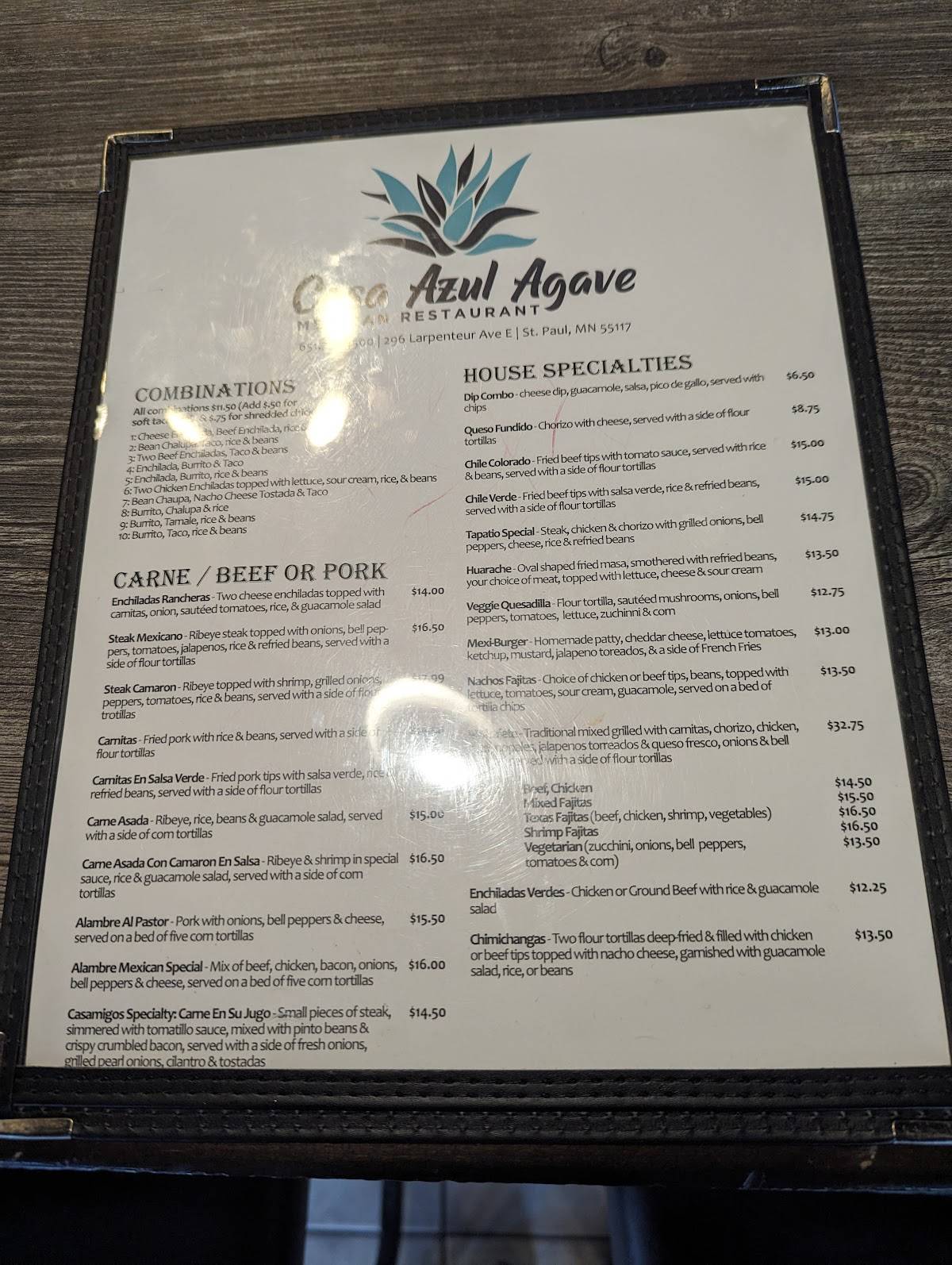 Menu at Casa Azul Agave Authentic Mexican Restaurant, Saint Paul