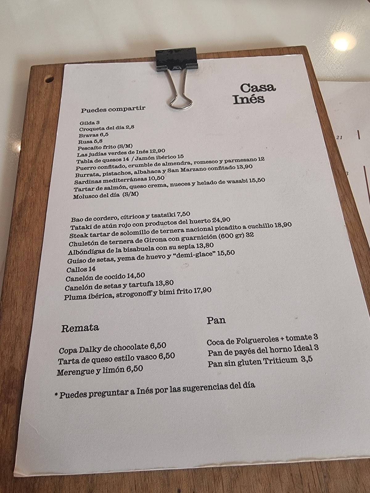 Carta del pub y bar Casa Inés, Barcelona