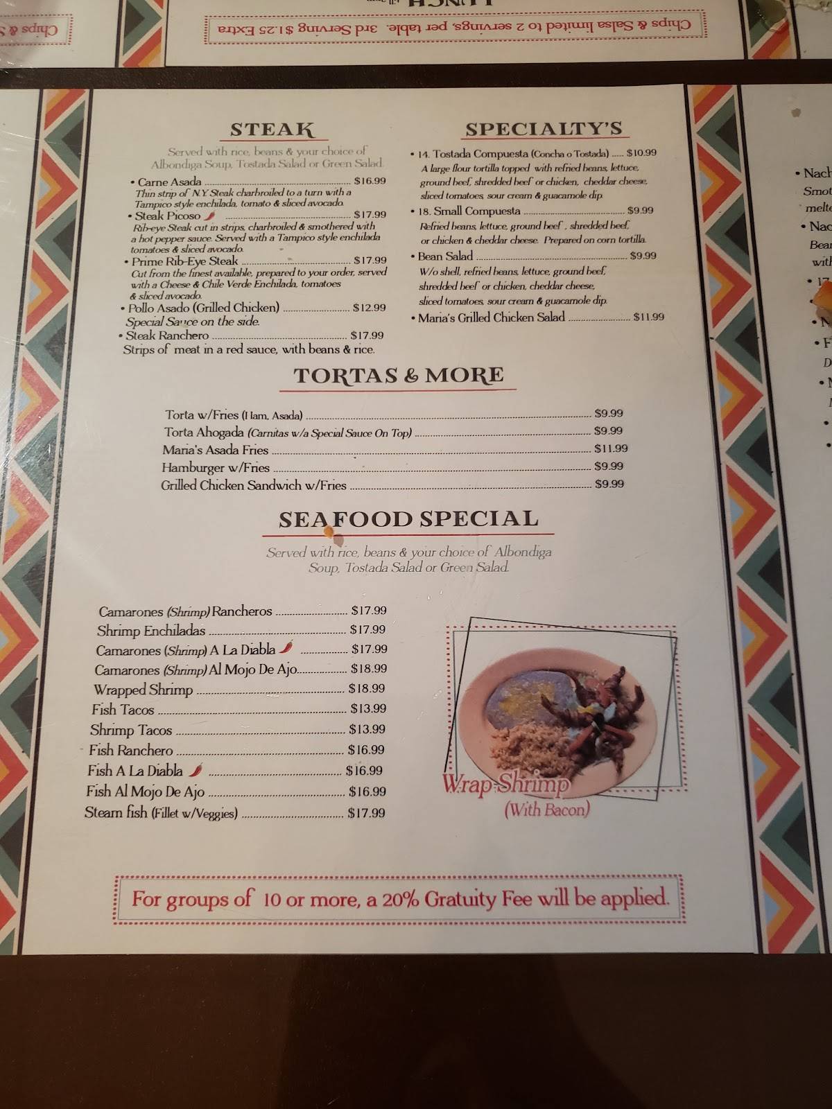 Menu at Casa Maria restaurant, Clovis