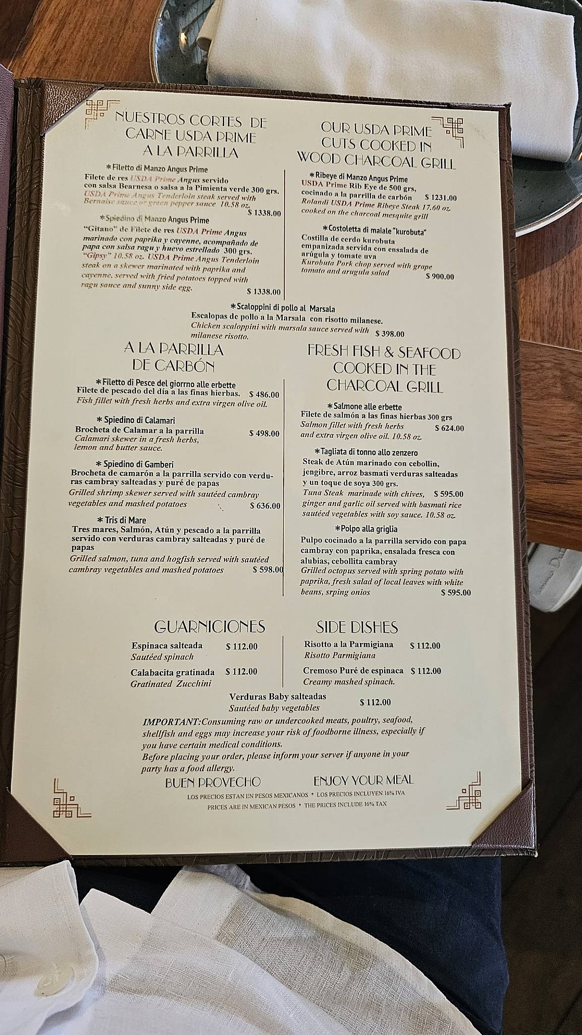 Menu at Casa Rolandi restaurant, Cancún, Plaza Caracol
