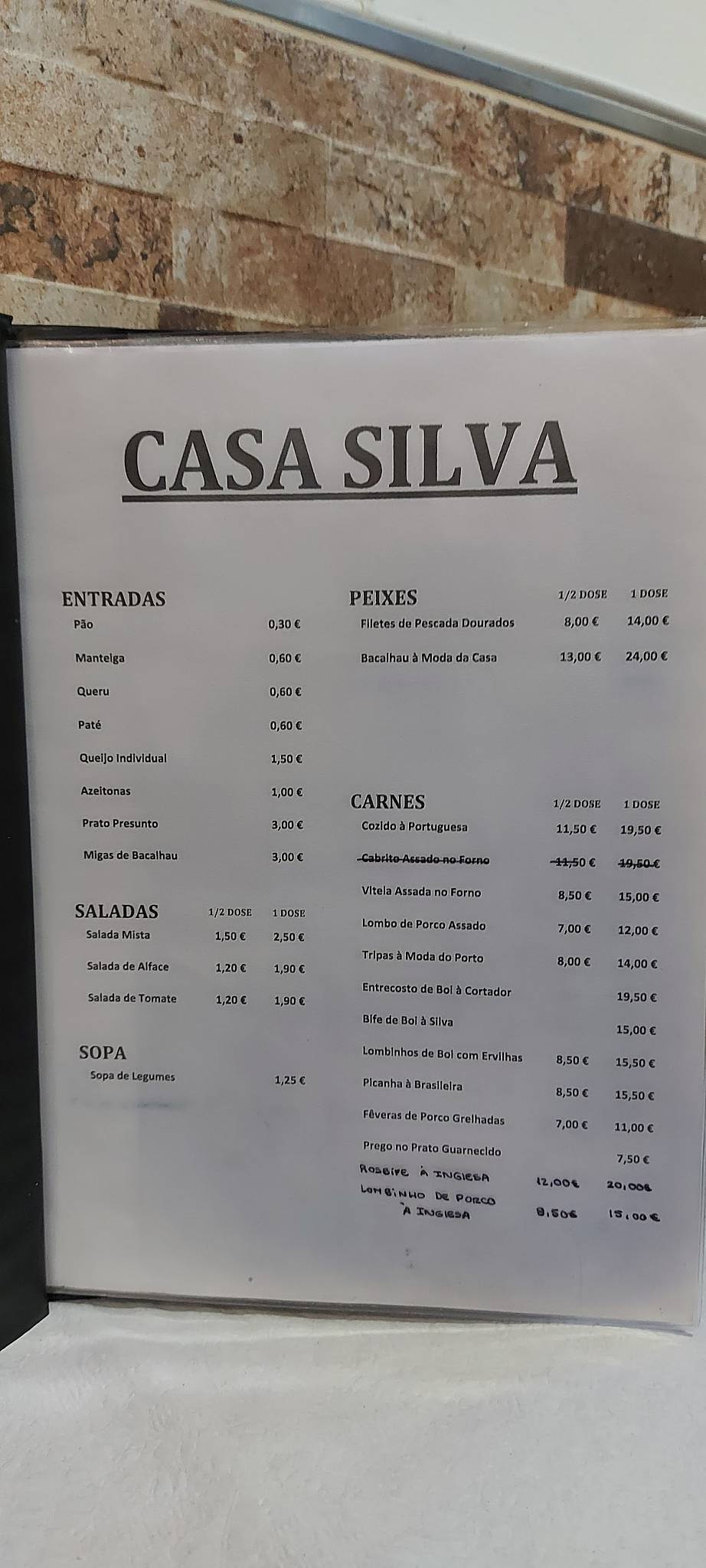 Menu at Casa Silva restaurant, Leça da Palmeira