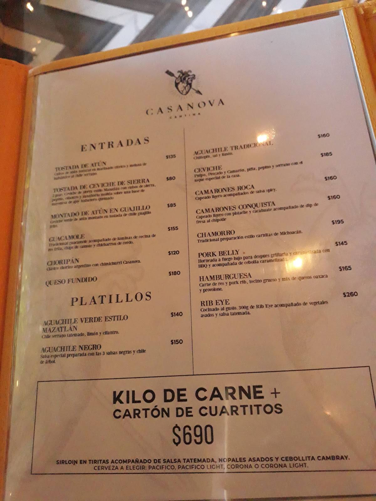 Carta del pub y bar Casanova Cantina, Culiacán Rosales