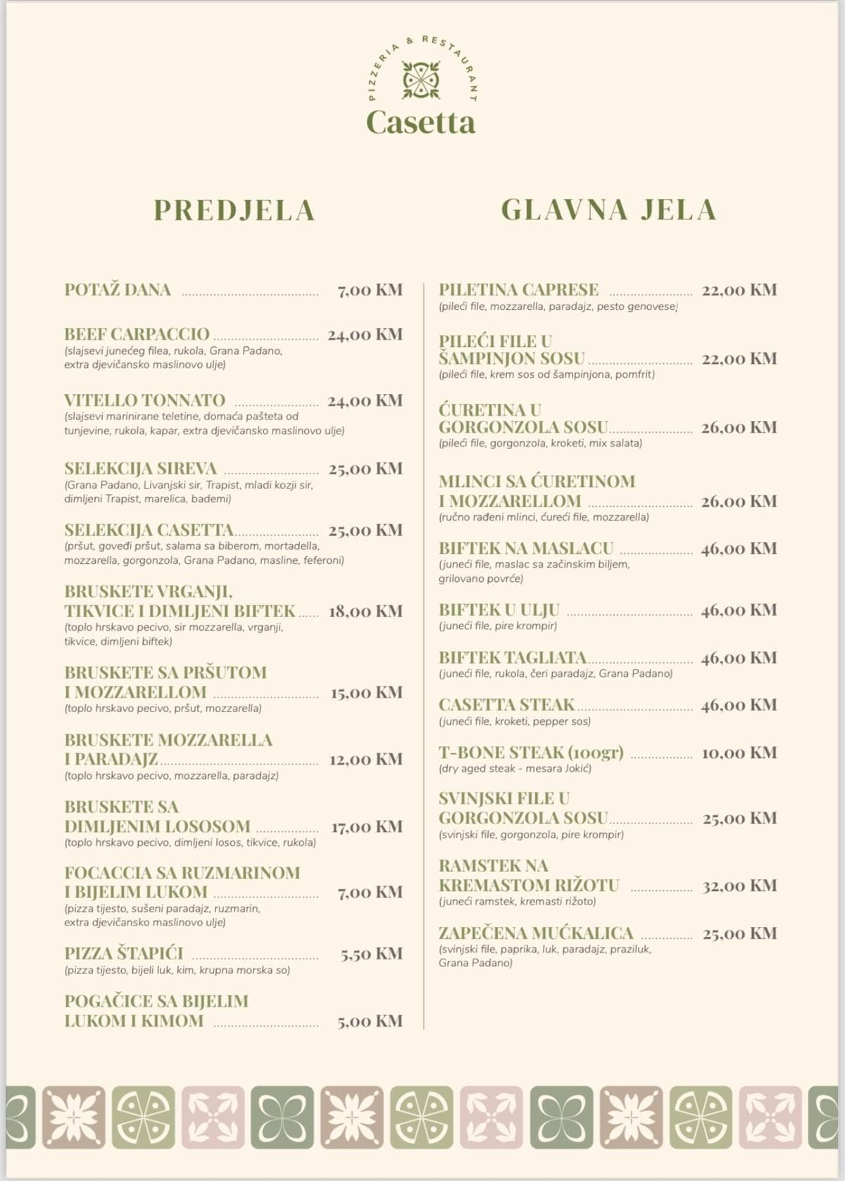 Menu at Casetta restaurant, Banja Luka, Bulevar srpske vojske 15b