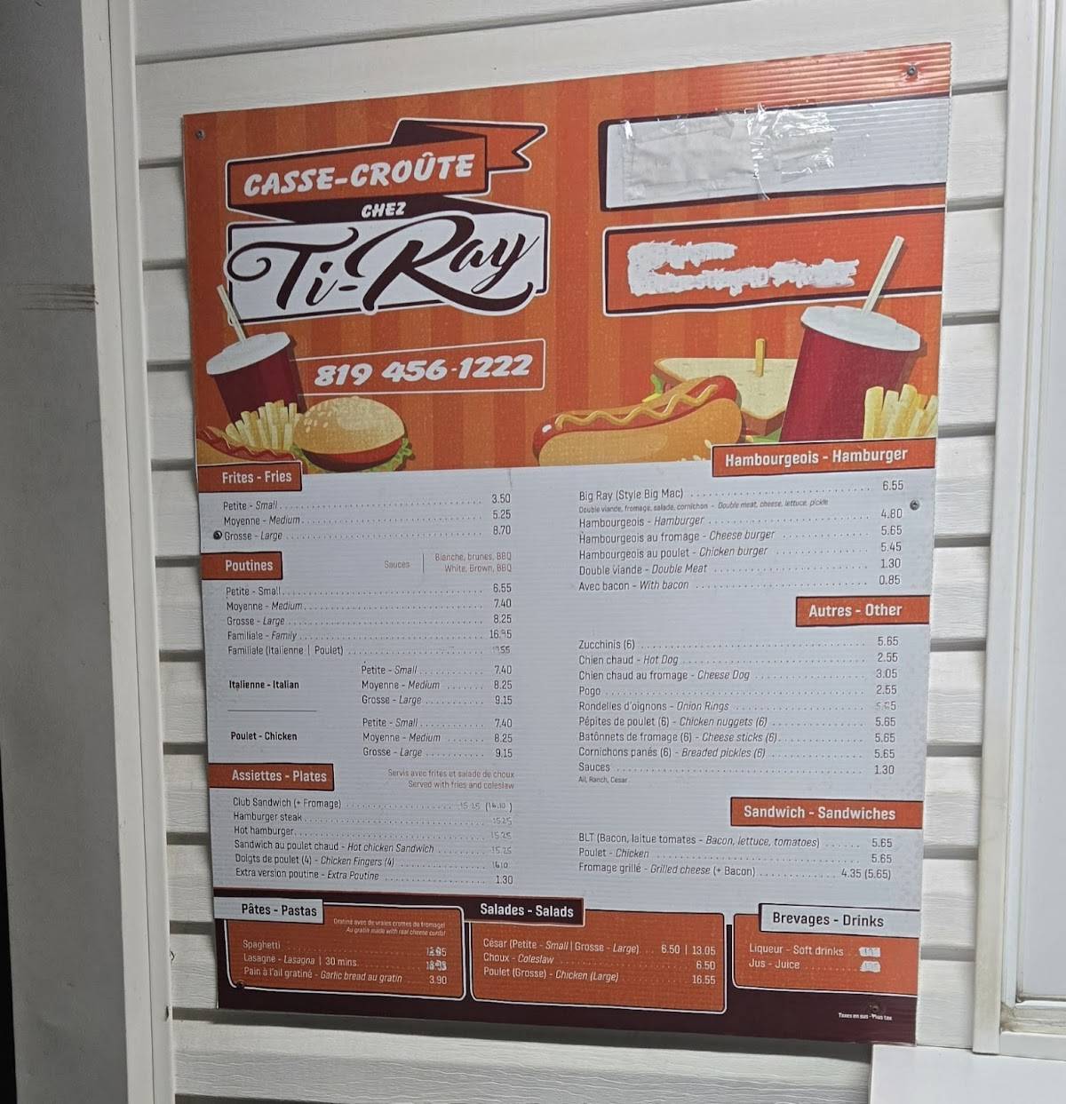 Carta del restaurante Casse-Croûte chez Ti-Ray, Sainte-Cécile-de-Masham