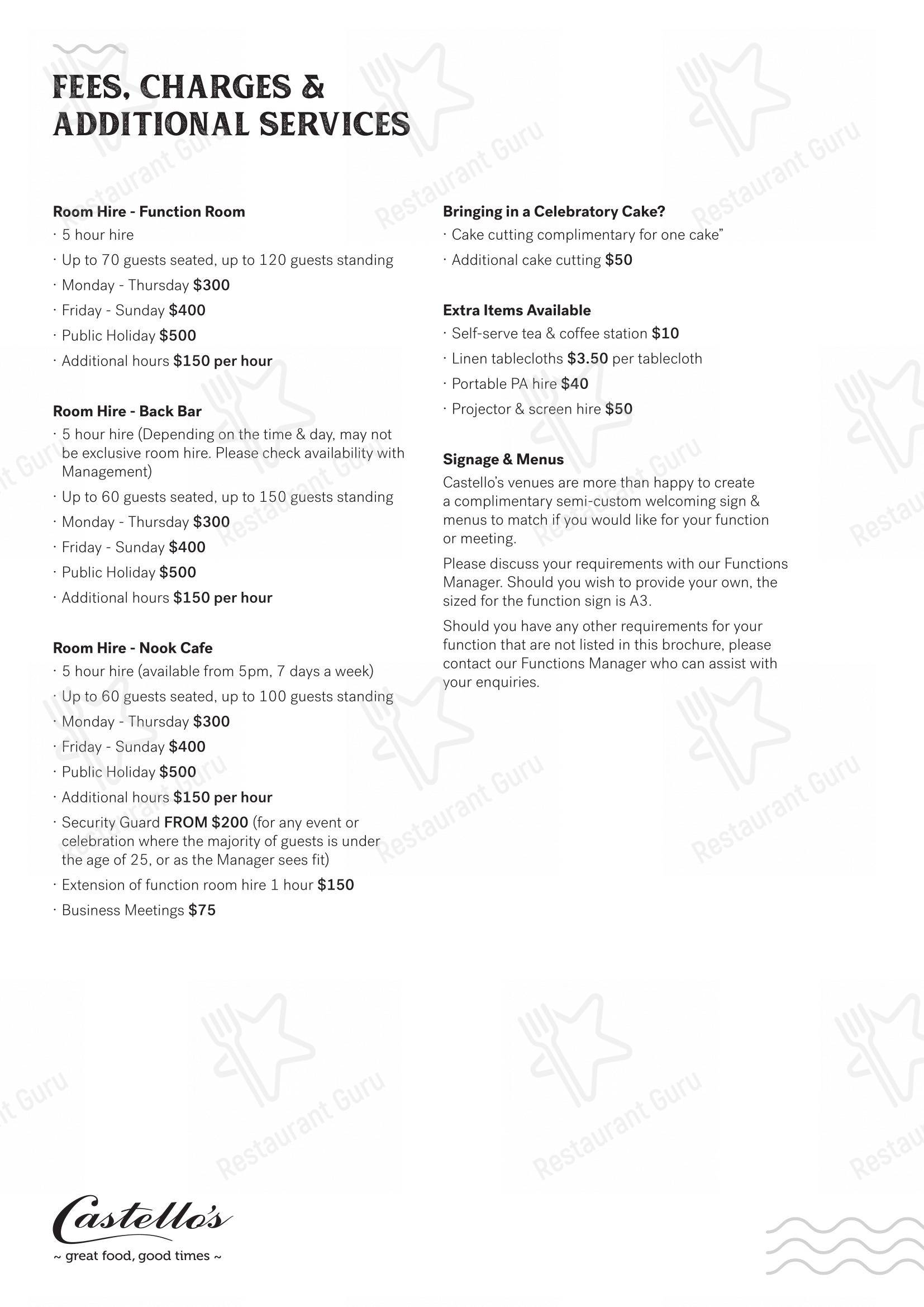 Menu at Castello's Olive Tree Hotel pub & bar, Sunbury