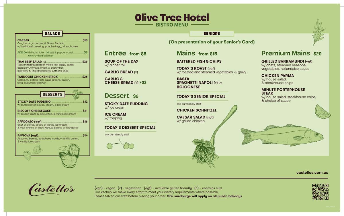 Menu at Castello's Olive Tree Hotel pub & bar, Sunbury
