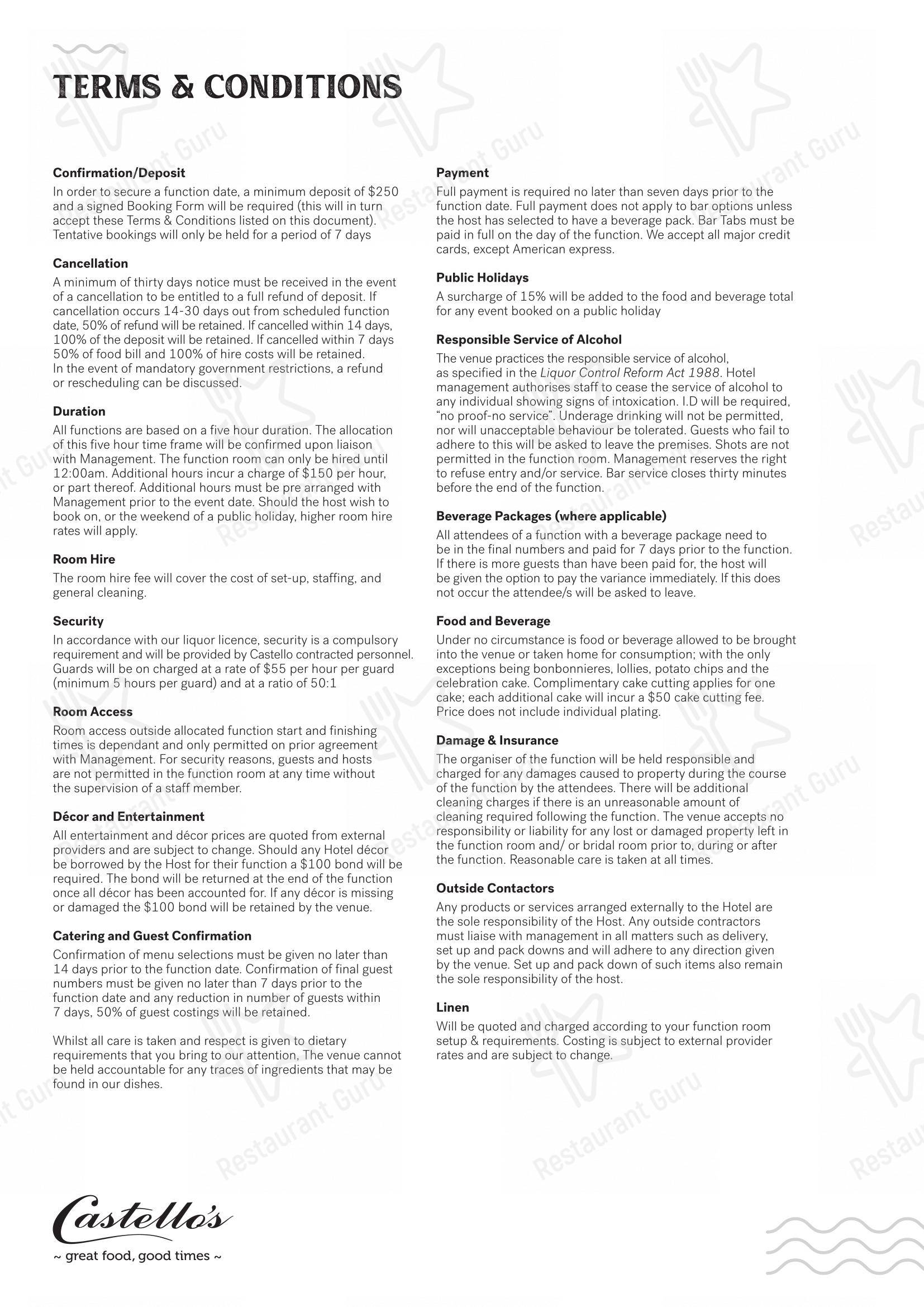 Menu at Castello's Olive Tree Hotel pub & bar, Sunbury