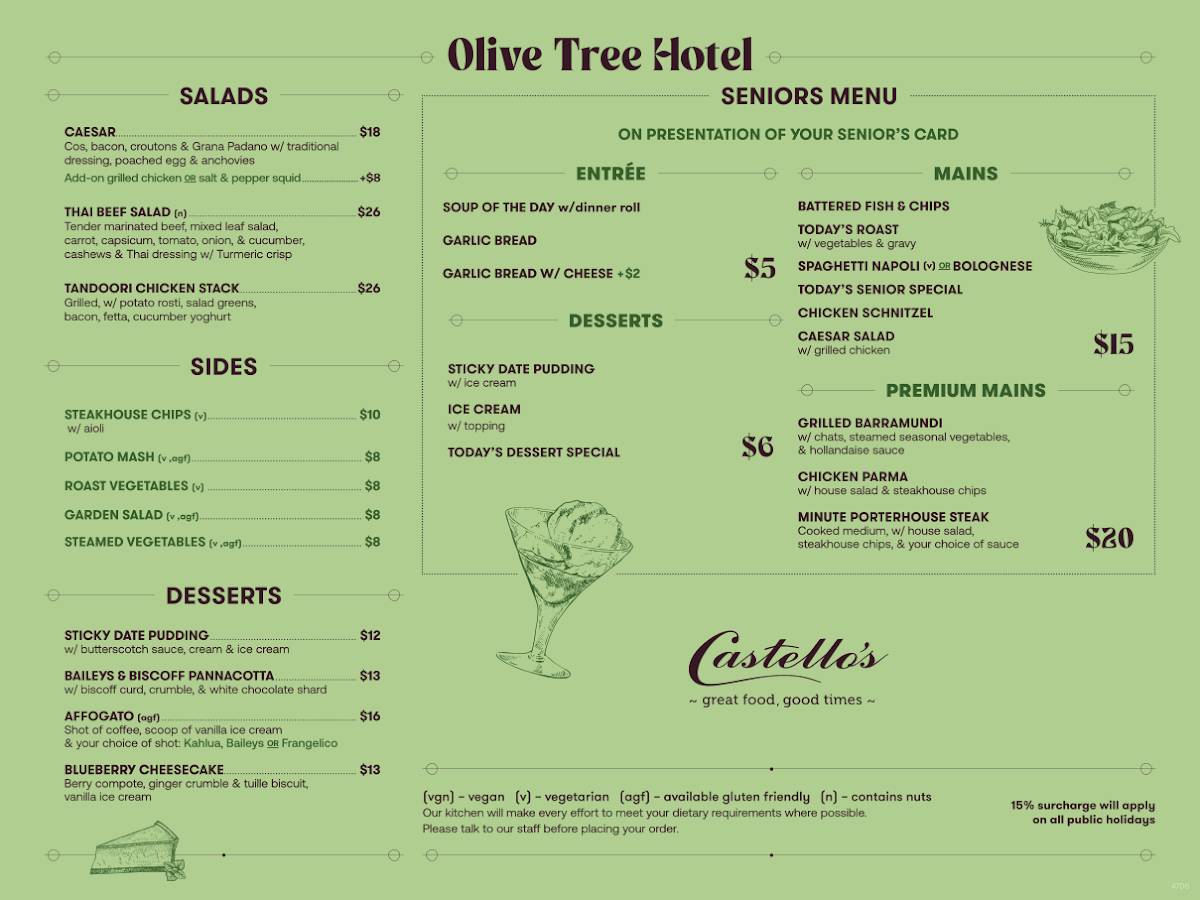 Menu at Castello's Olive Tree Hotel pub & bar, Sunbury
