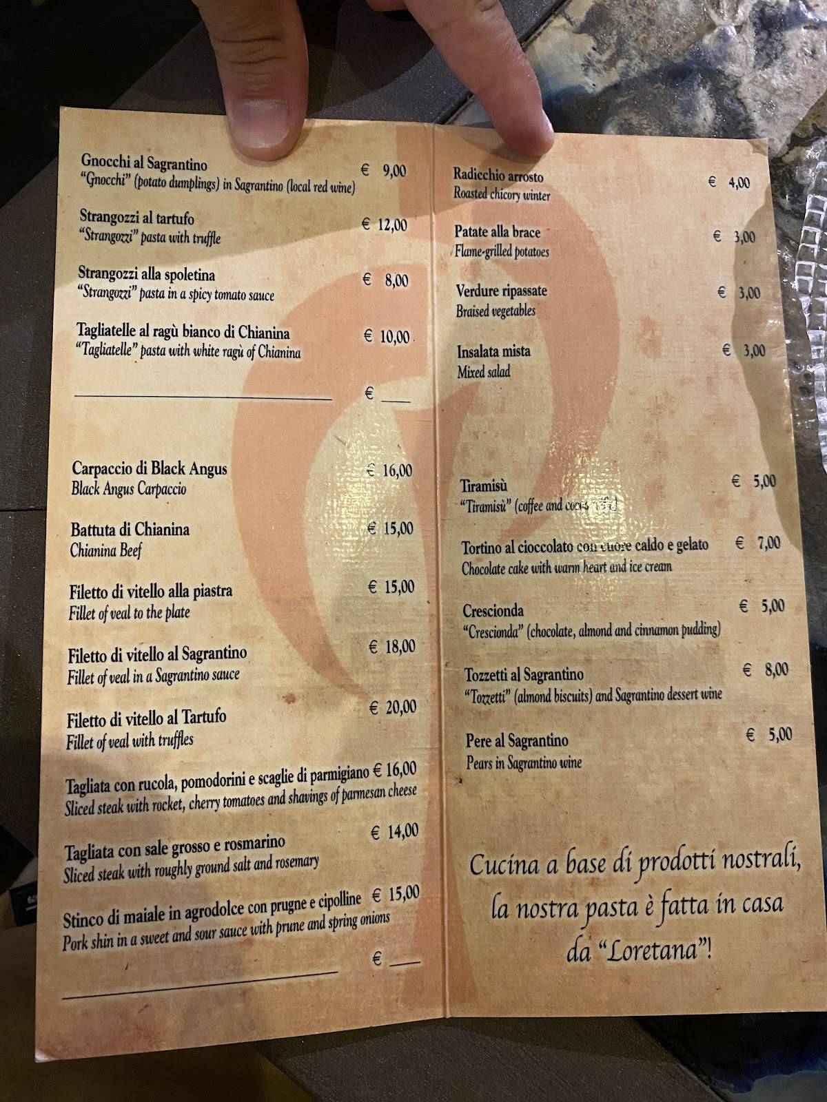 Menu da Castelpetroso ristorante, Montefalco