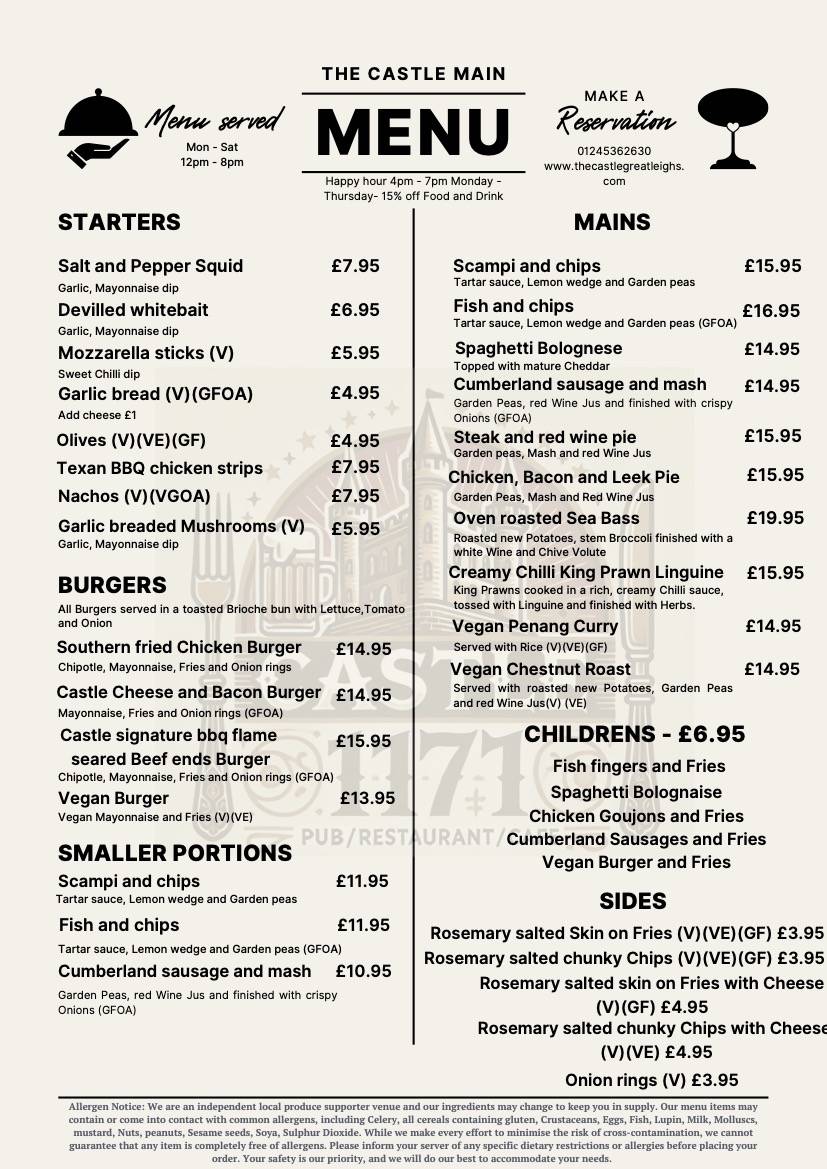Menu at Castle - Great Leighs restaurant, Great Leighs, Main Rd