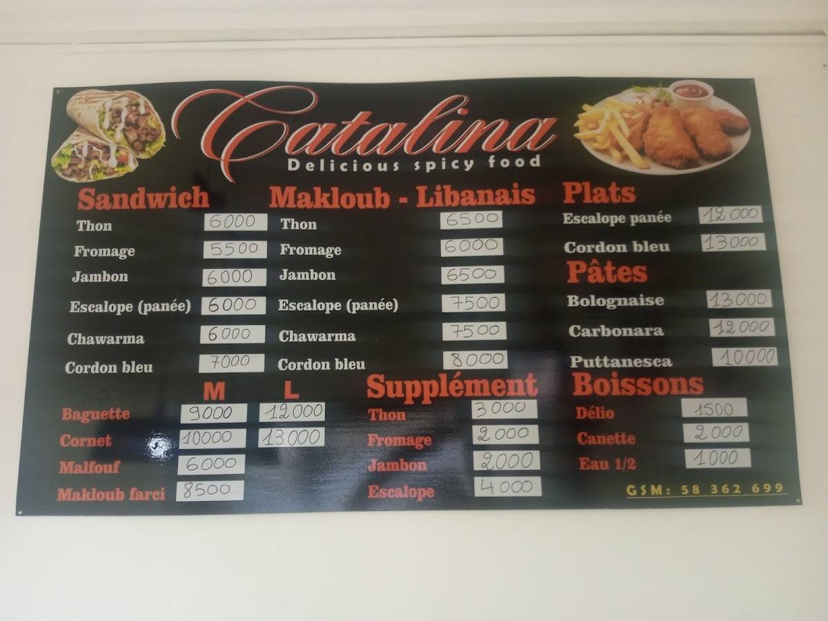 Menu au Catalina restaurant, Tunis