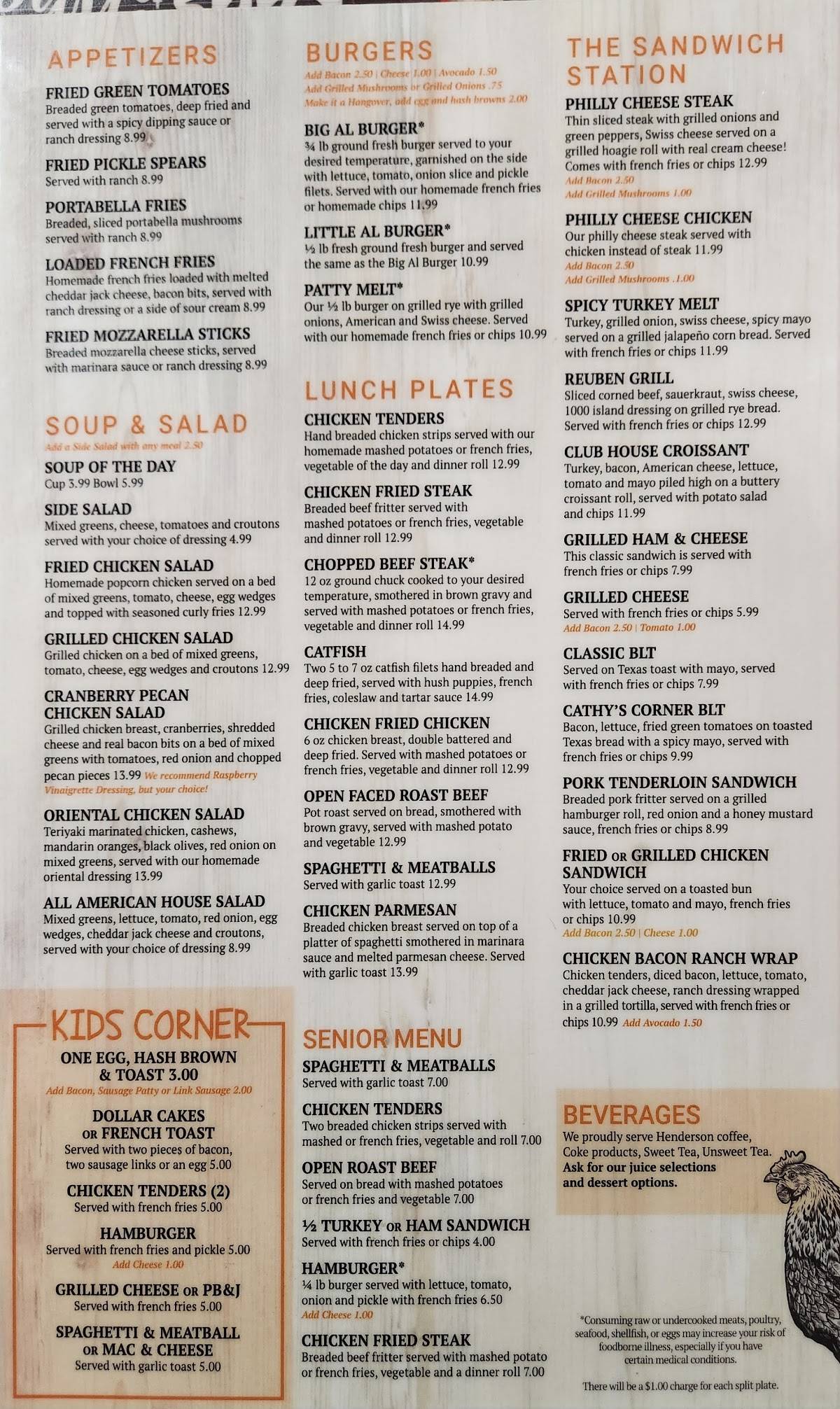 Menu at Cathy's Corner restaurant, Siloam Springs, US-412