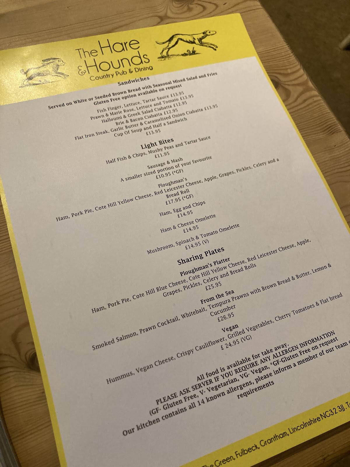 Menu at The Hare and Hounds Fulbeck pub & bar, Caythorpe