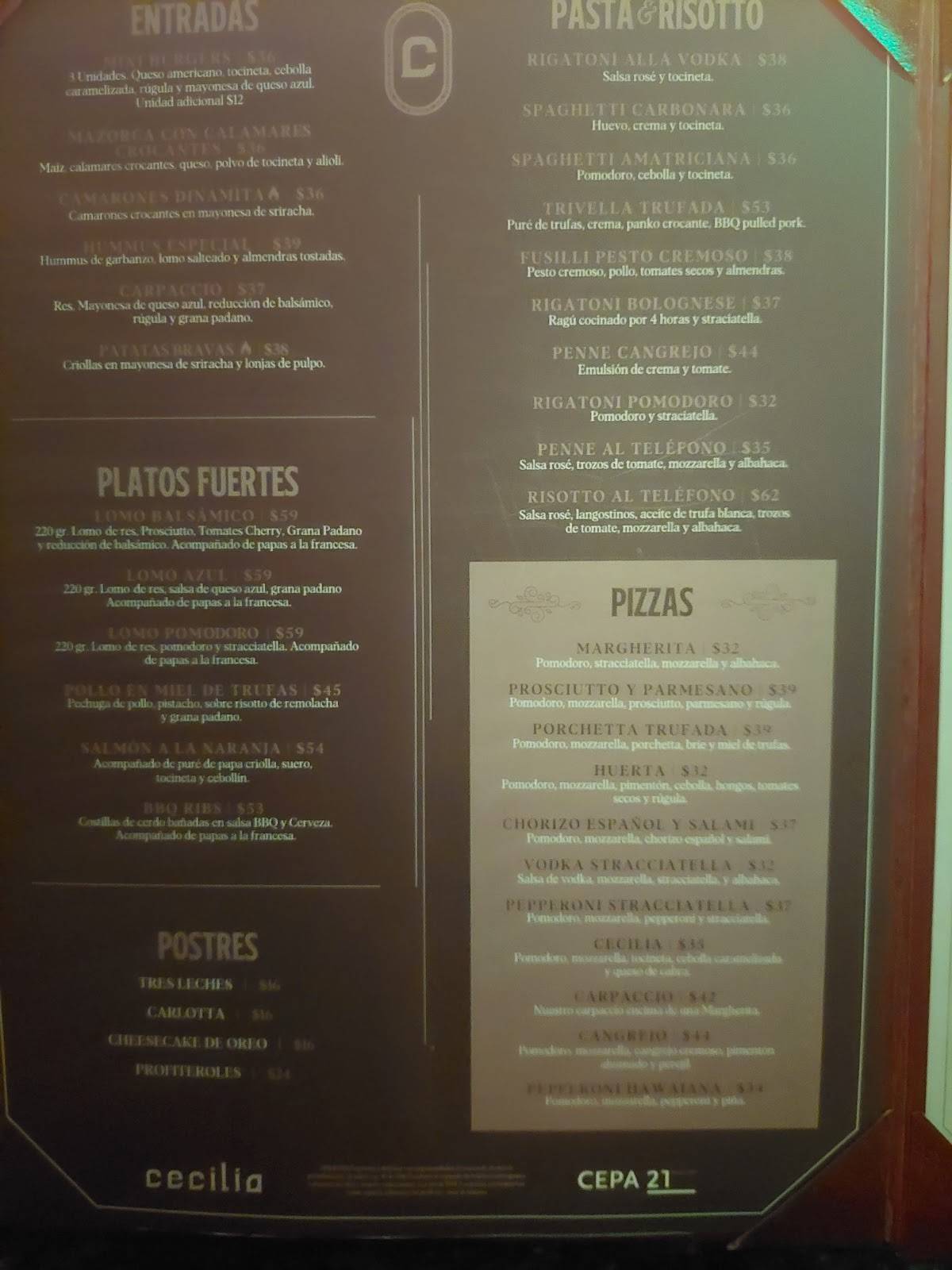 Carta de Cecilia Cocina y Bar, Bogotá