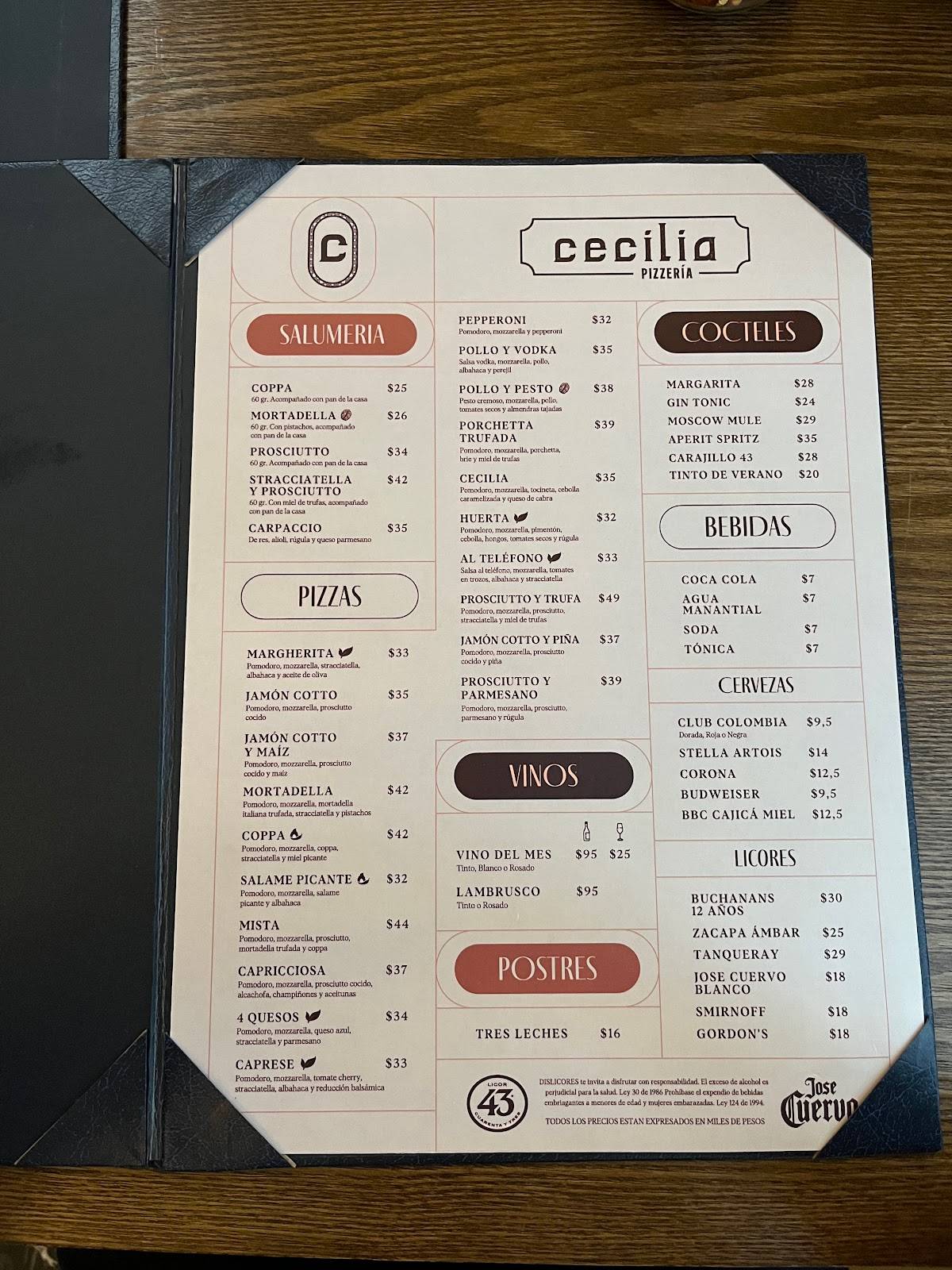Carta de Cecilia Cocina y Bar, Bogotá