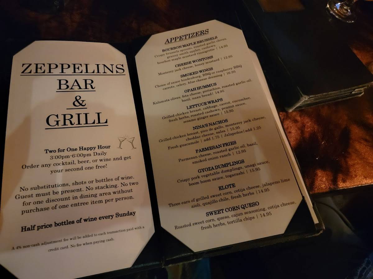 Menu at Zeppelins pub & bar, Cedar Rapids