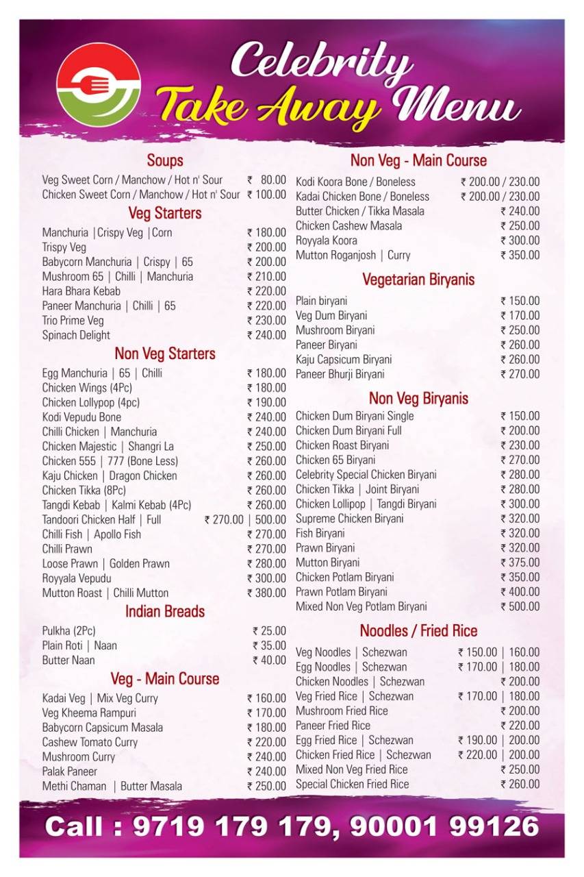 Menu at Celebrity Family Restaurant, Machilipatnam
